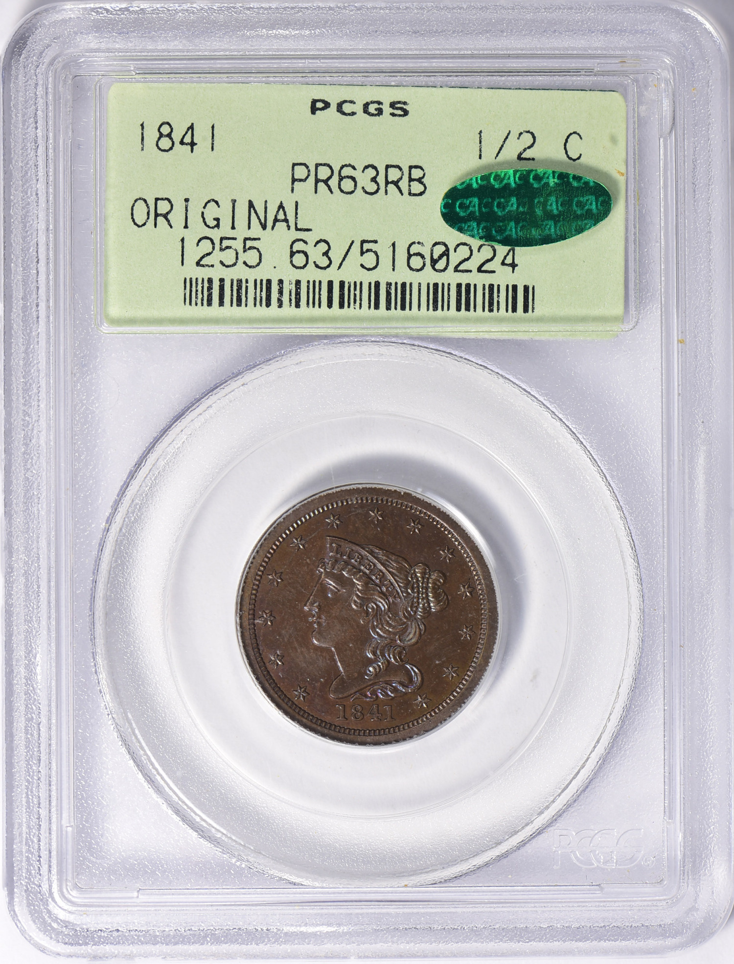 Collectors Corner - 1841 1/2C Original PR63RB PCGS - #65398517