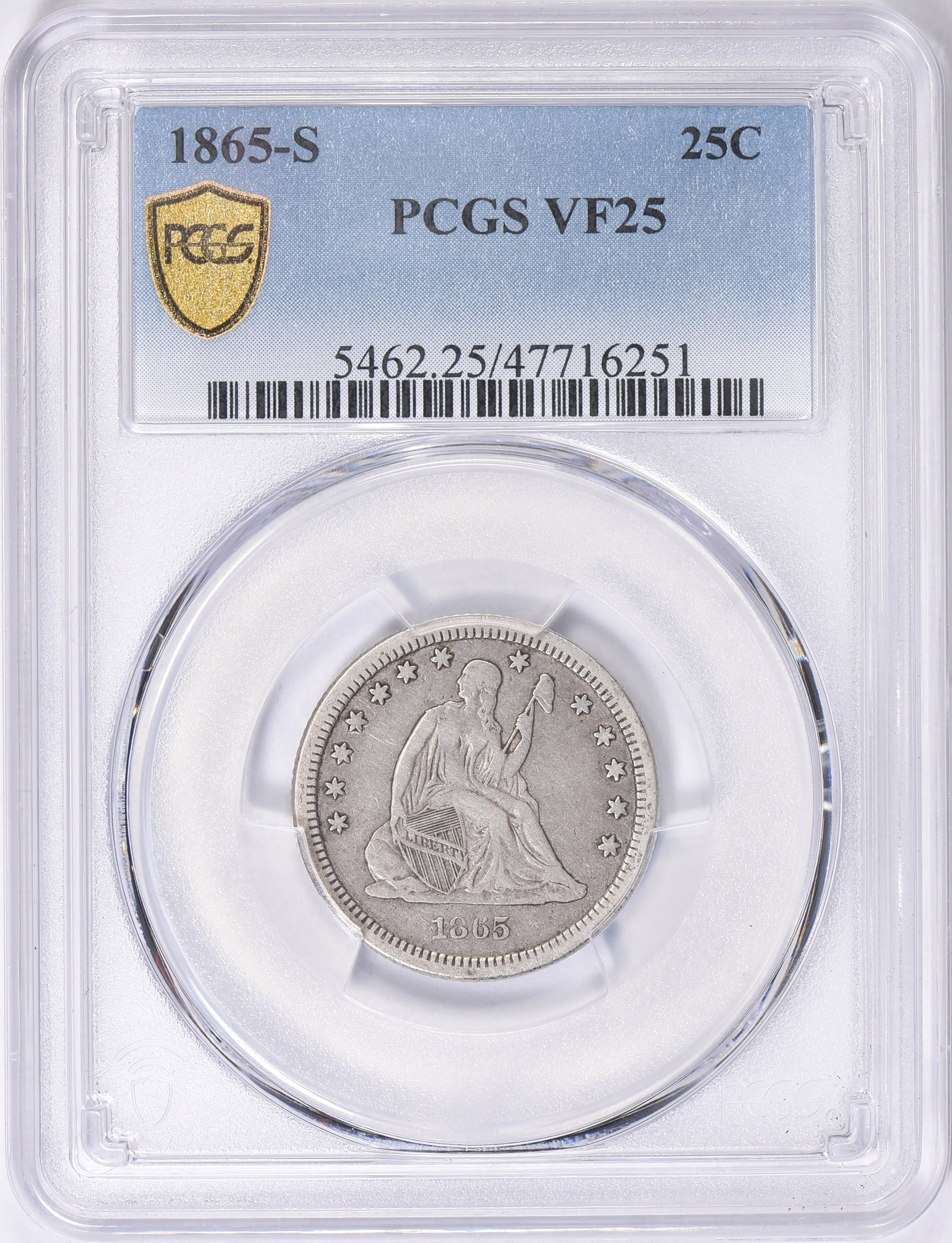 Collectors Corner - 1865-S 25C VF25 PCGS - #69300574