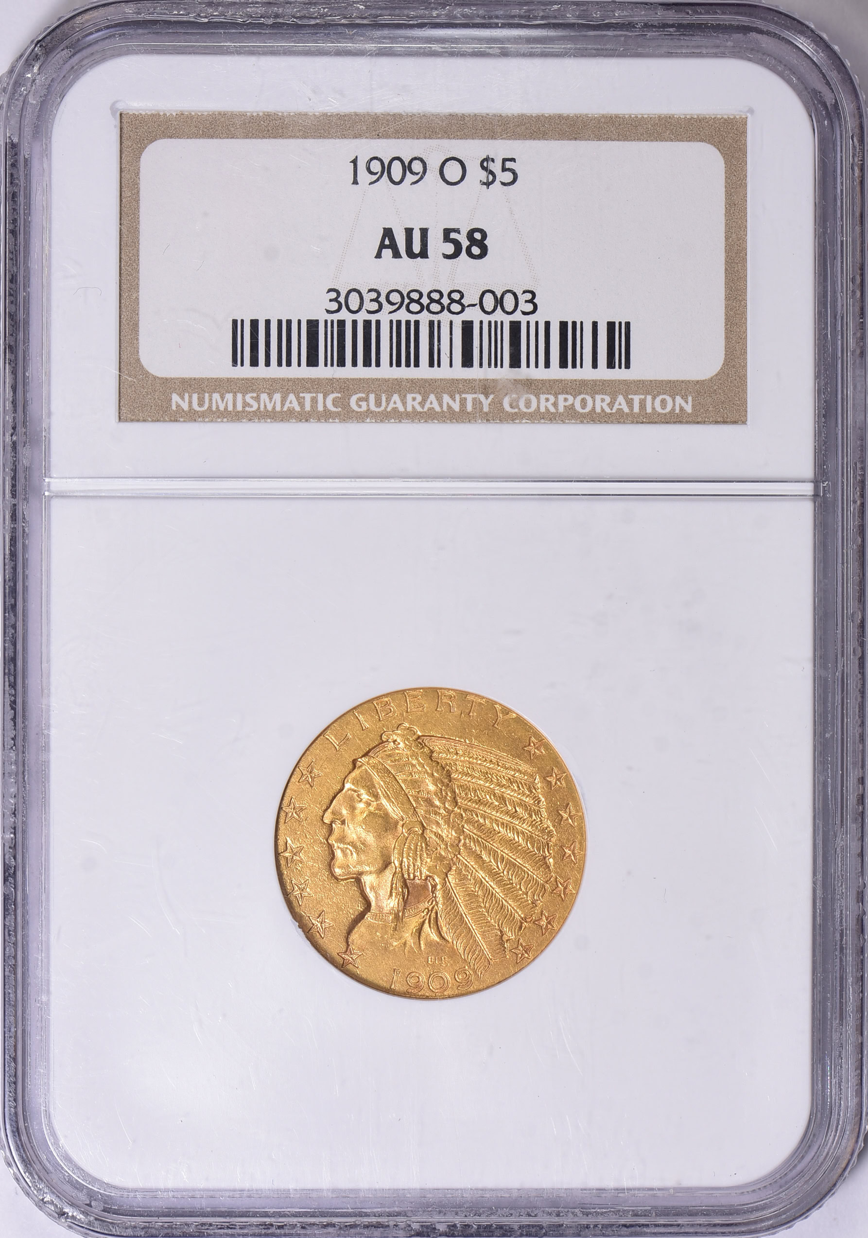 Collectors Corner - 1909-O $5 AU58 NGC - #70050837