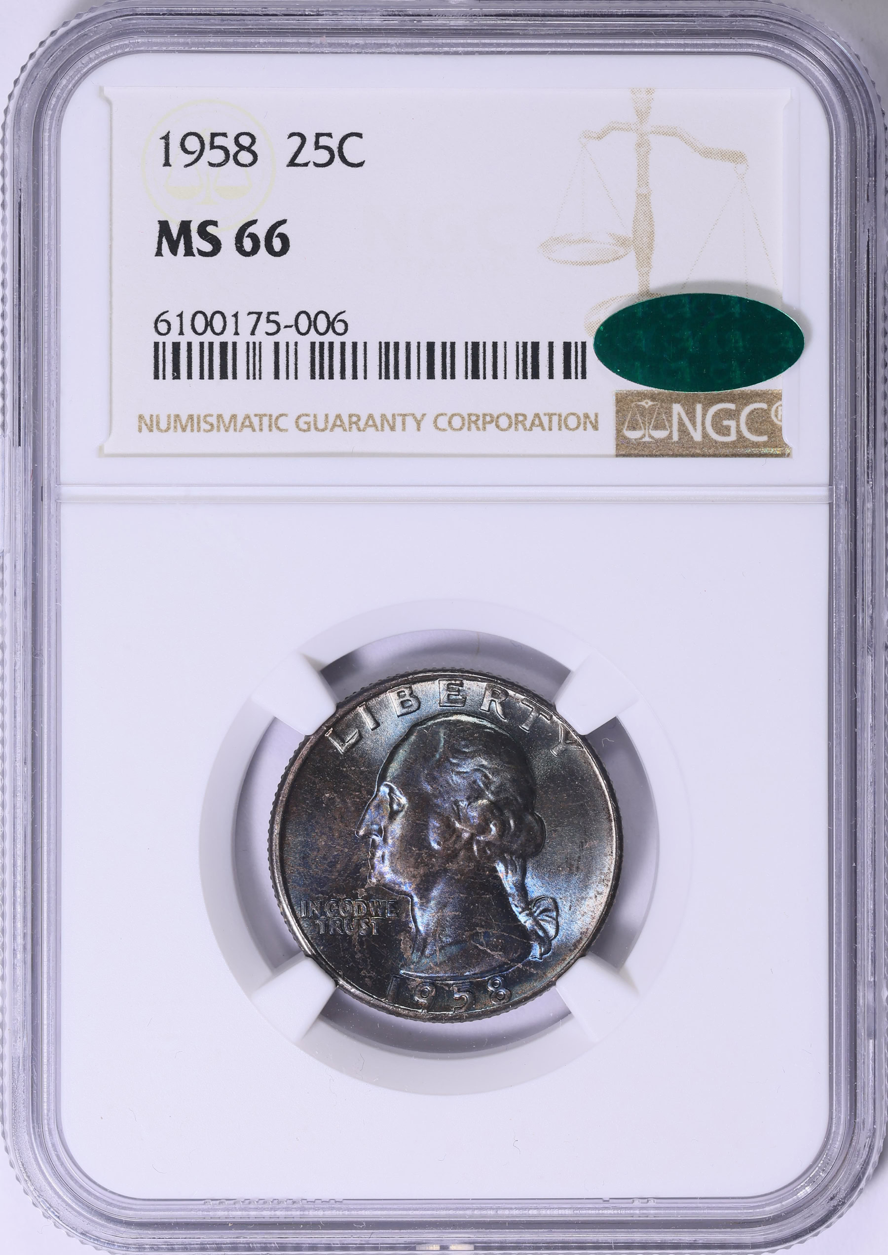 1958 Washington Quarter NGC MS-66 (CAC Green) (Toned) (Item 1000489) | GreatCollections Coin ...