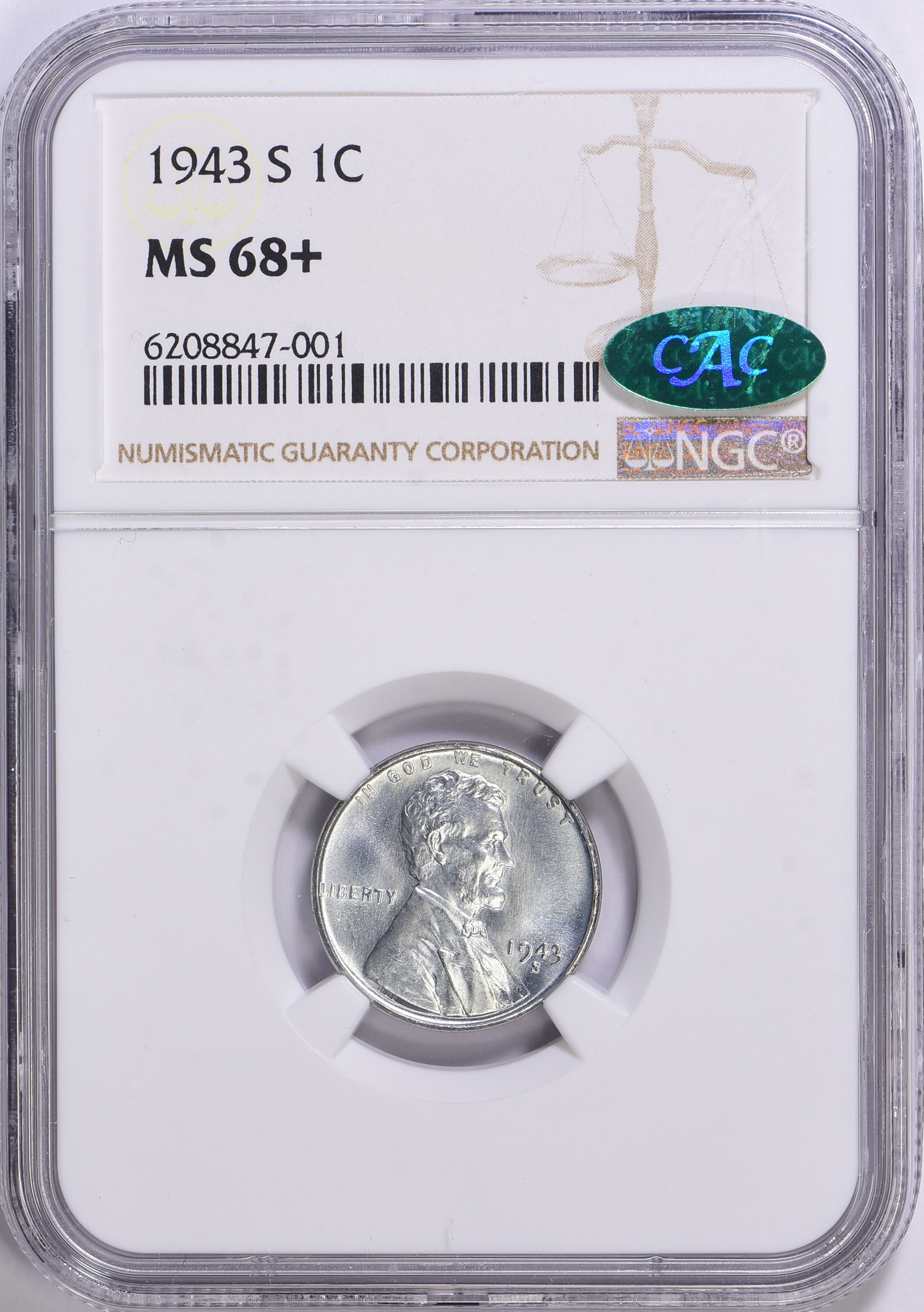 1943-S Lincoln Cent NGC MS-68+ (CAC Green) (Item 1008607 ...
