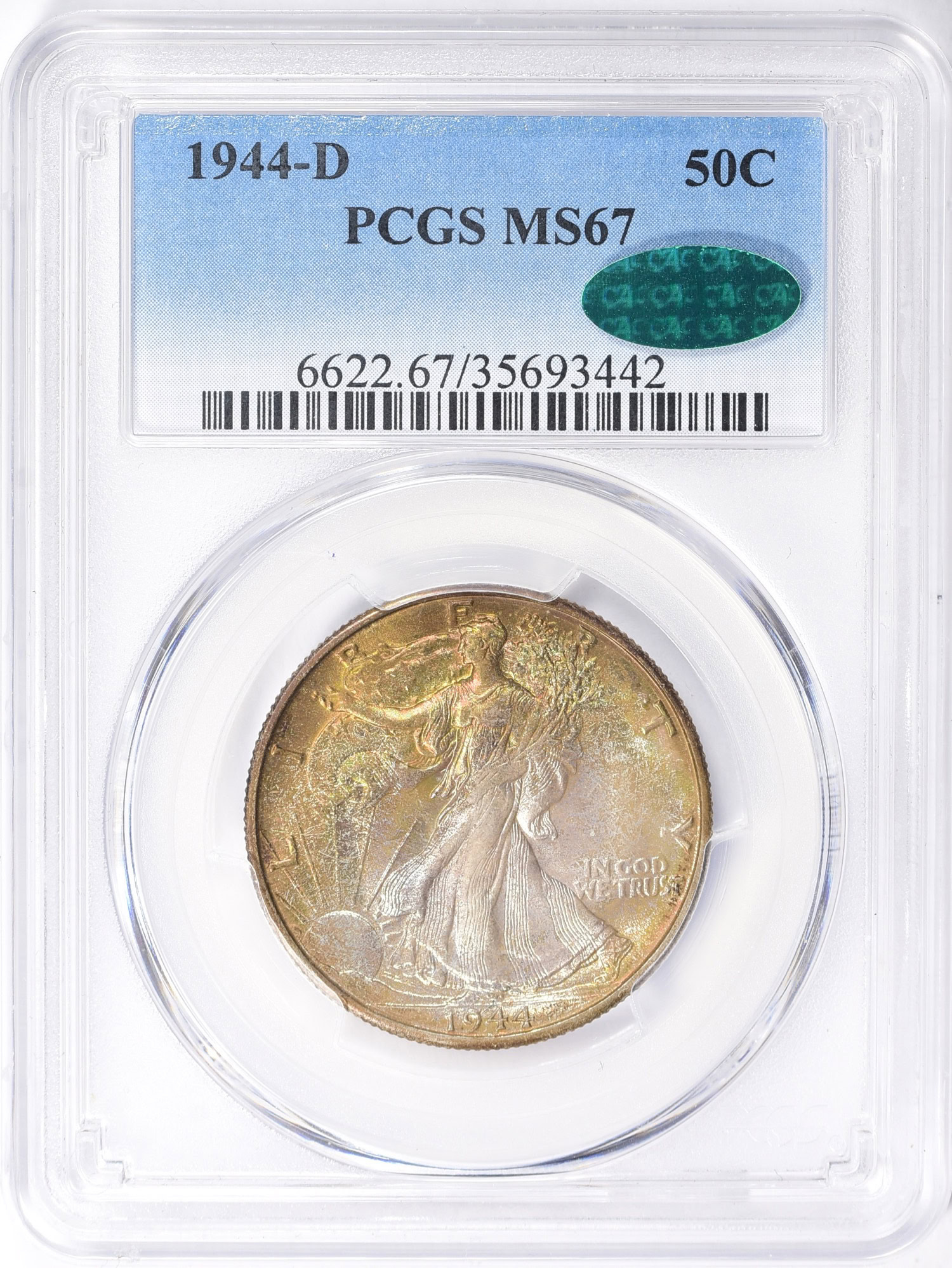 1944-D Walking Liberty Half Dollar PCGS MS-67 (CAC Green) (Toned) (Item 1008734 ...