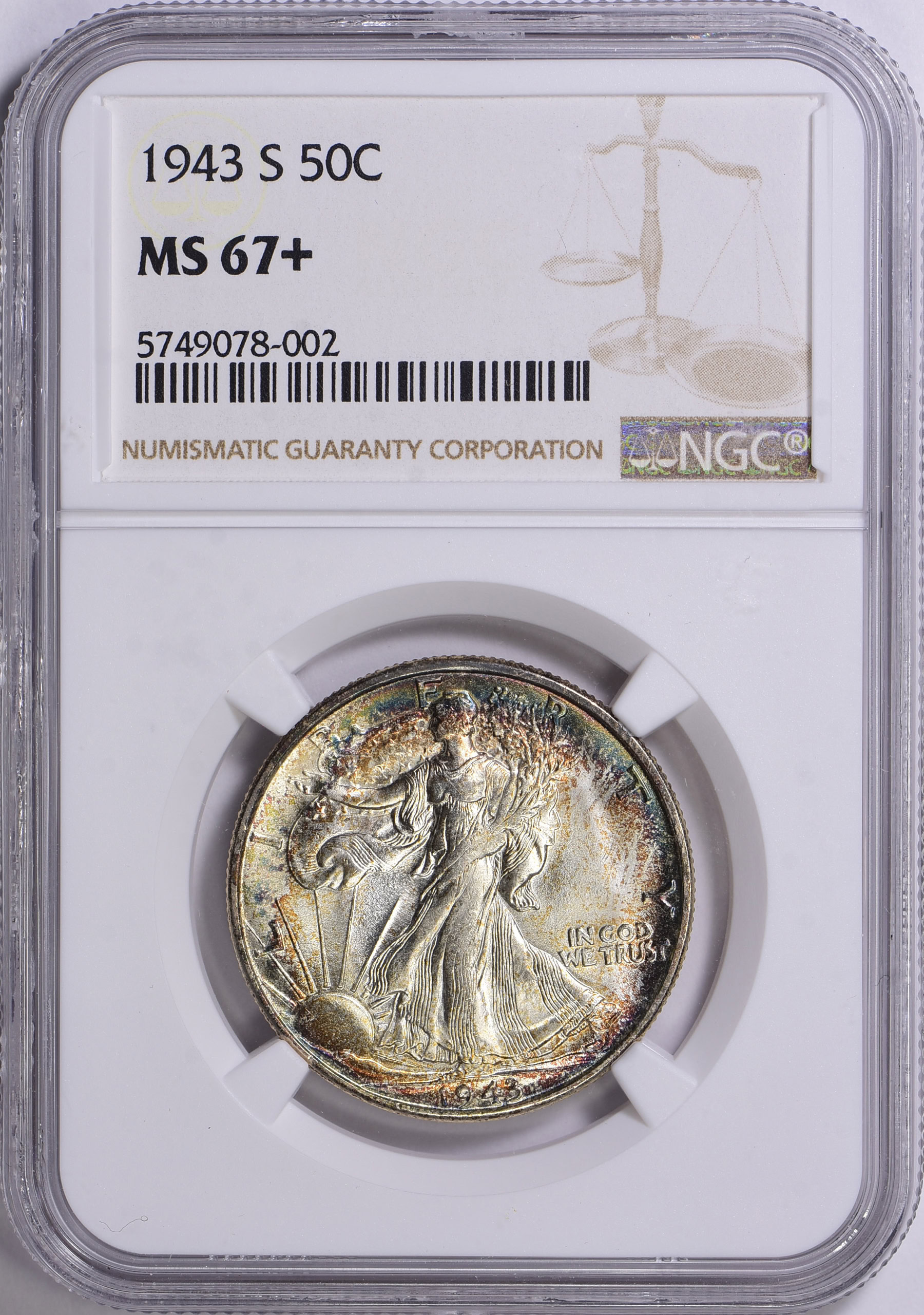 1943-S Walking Liberty Half Dollar NGC MS-67+ (Toned) (Item 1009143) | GreatCollections Coin ...