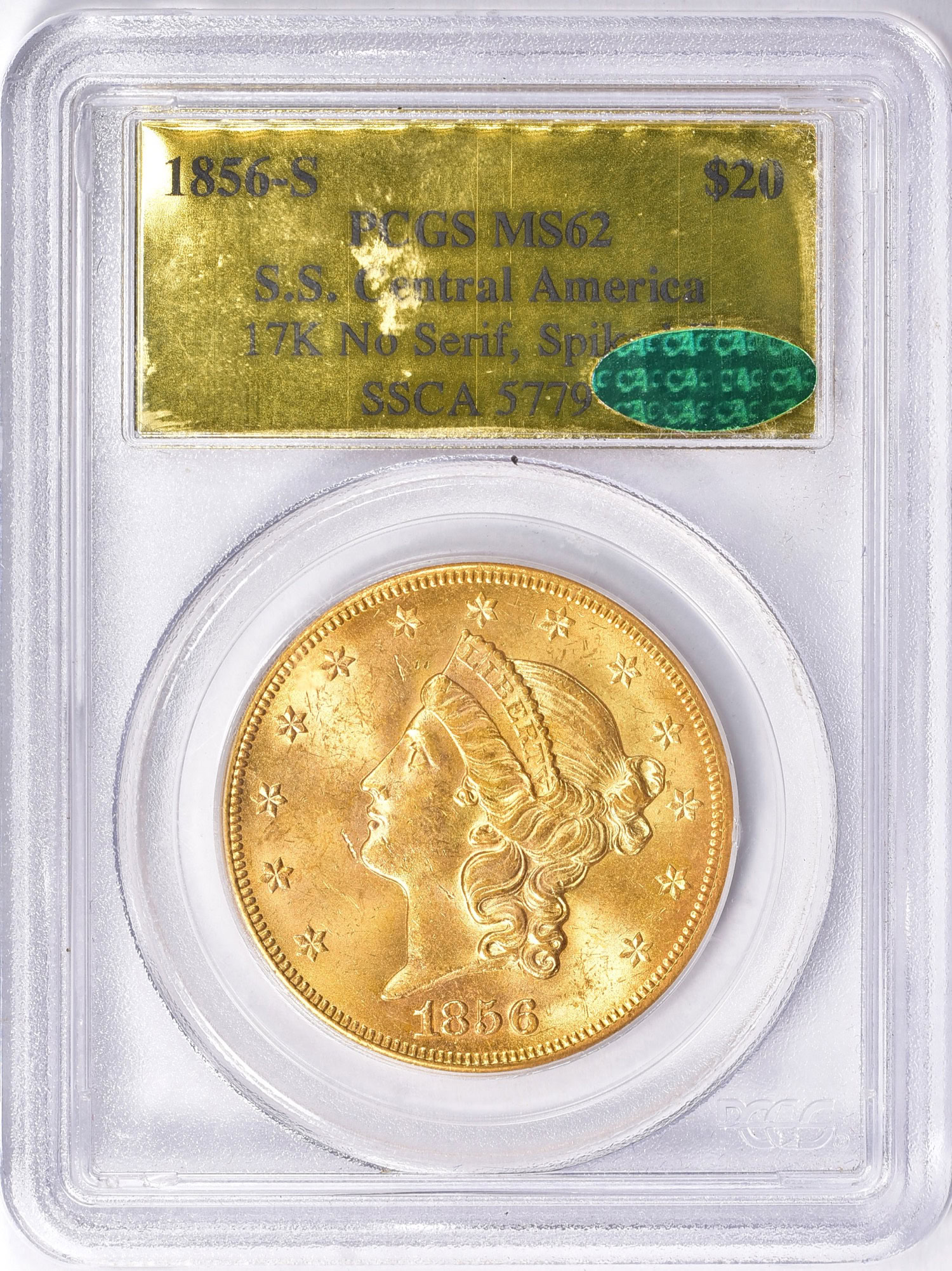 1856-S Liberty Gold Double Eagle Shipwreck S.S. Central America 17K No Serif, Spiked F PCGS MS ...