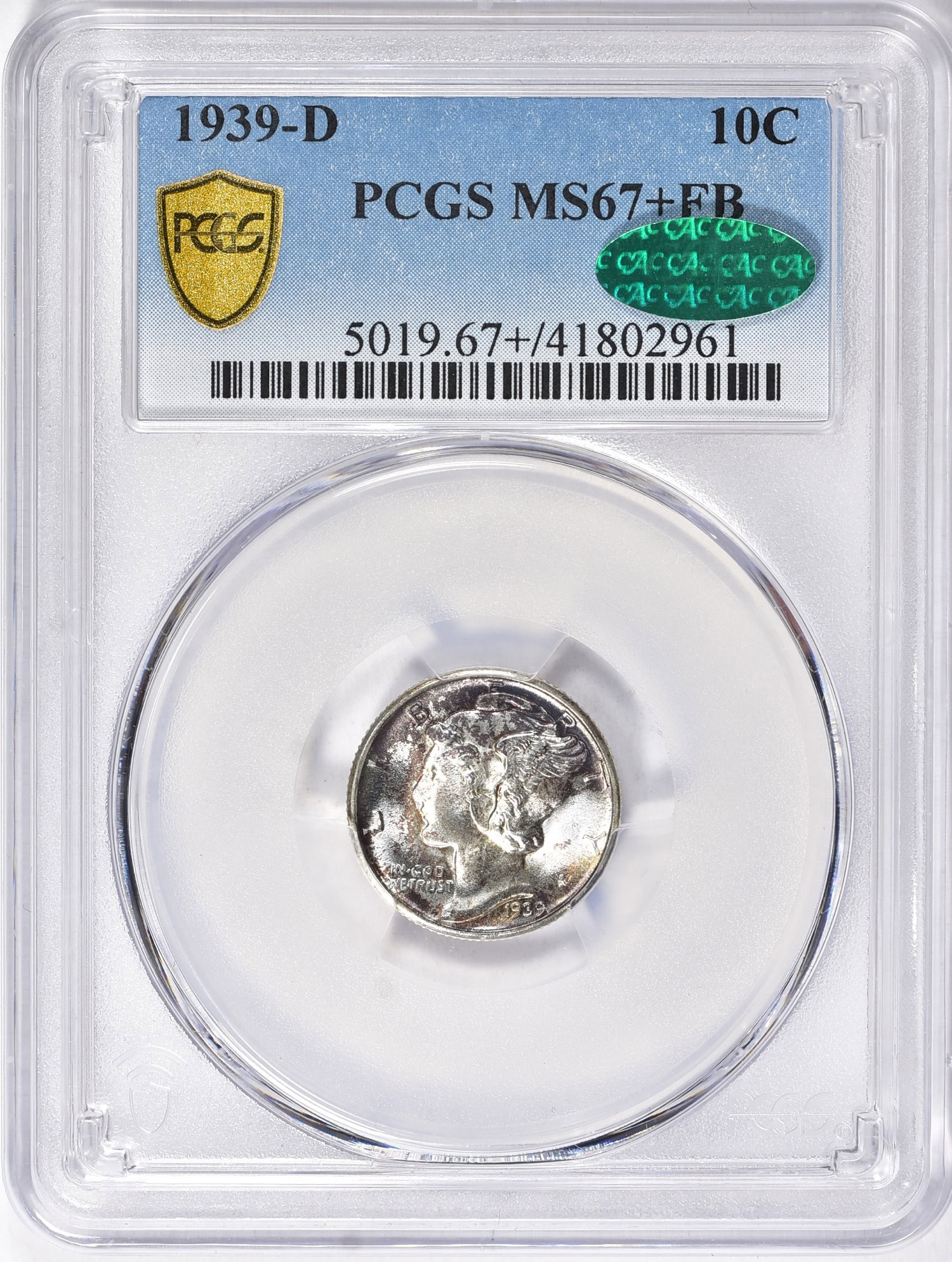 1939-D Mercury Dime PCGS MS-67+ FB (CAC Green) (Toned) (Item 1016121) | GreatCollections Coin ...