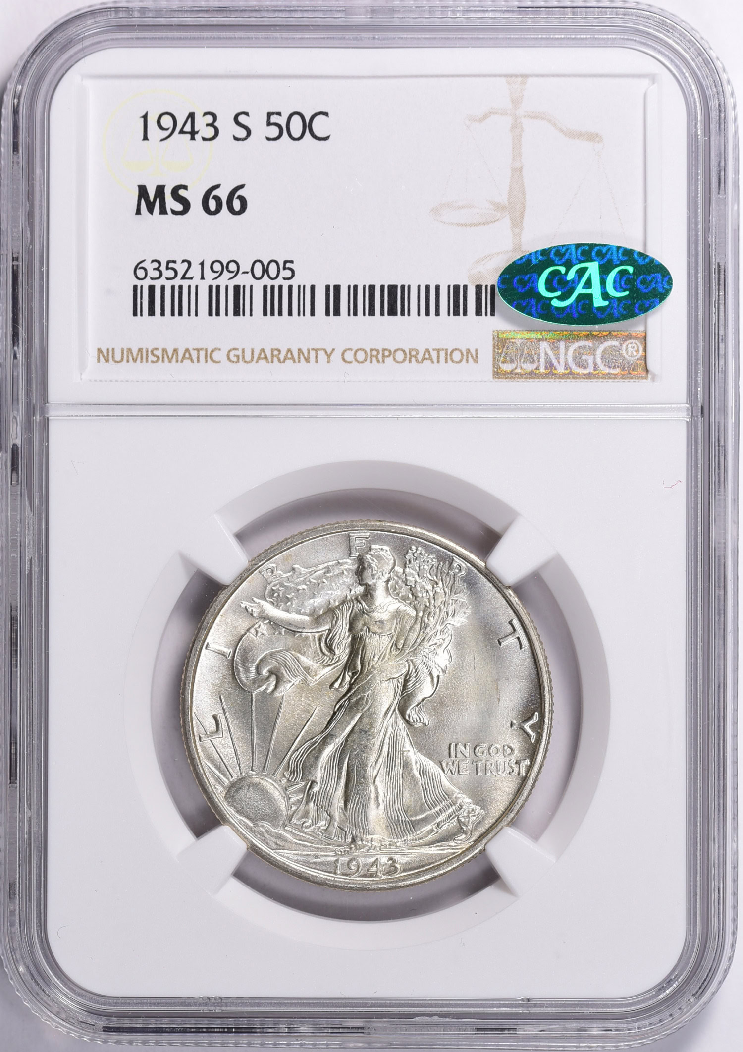1943-S Walking Liberty Half Dollar NGC MS-66 (CAC Green) (Item 1017164) | GreatCollections Coin ...