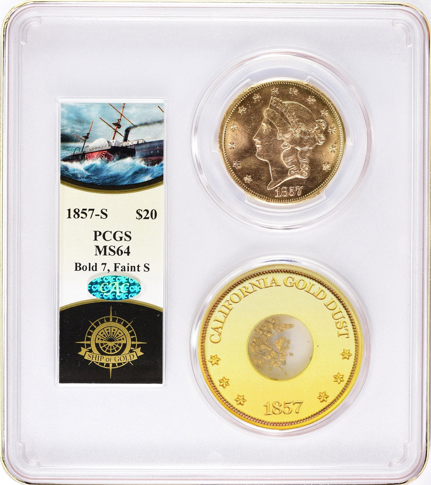 1857-S Liberty Gold Double Eagle Bold 7, Faint S Shipwreck S.S. Central America PCGS MS-64 (CAC ...