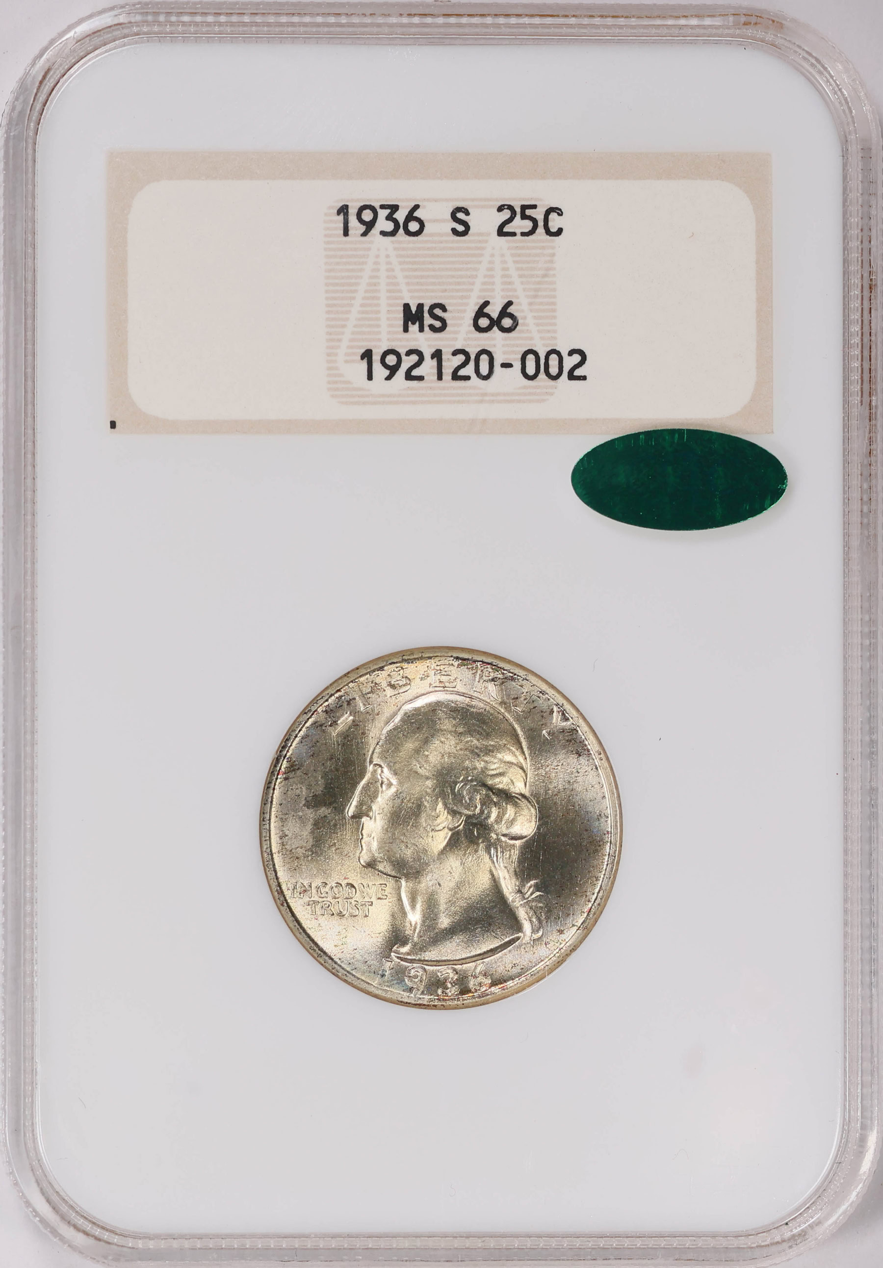 1936-S Washington Quarter NGC MS-66 OH (CAC Green) (Item 1026360) | GreatCollections Coin Auctions