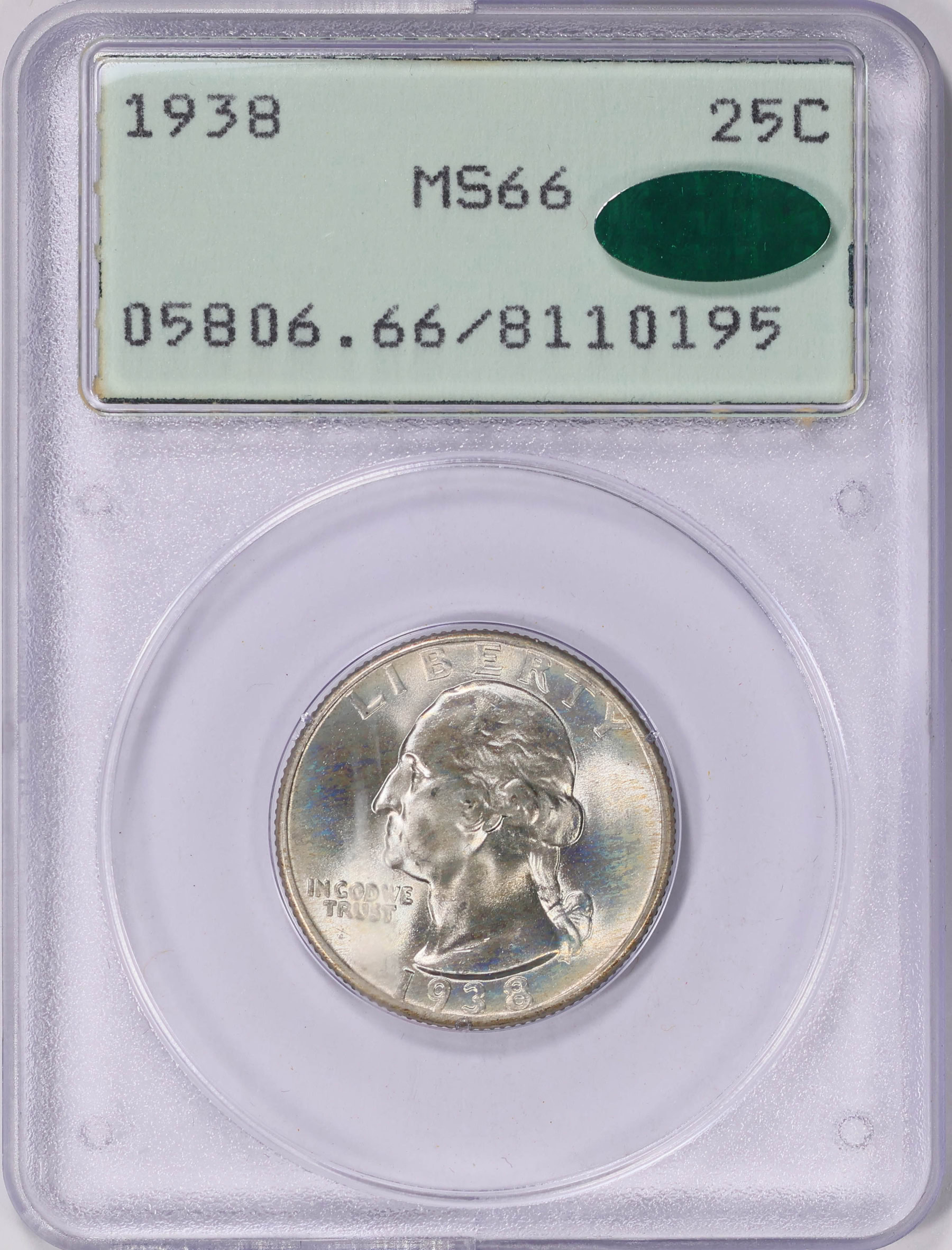 1938 Washington Quarter PCGS MS-66 OGH (1st Gen) (CAC Green) (Item 1026362) | GreatCollections ...