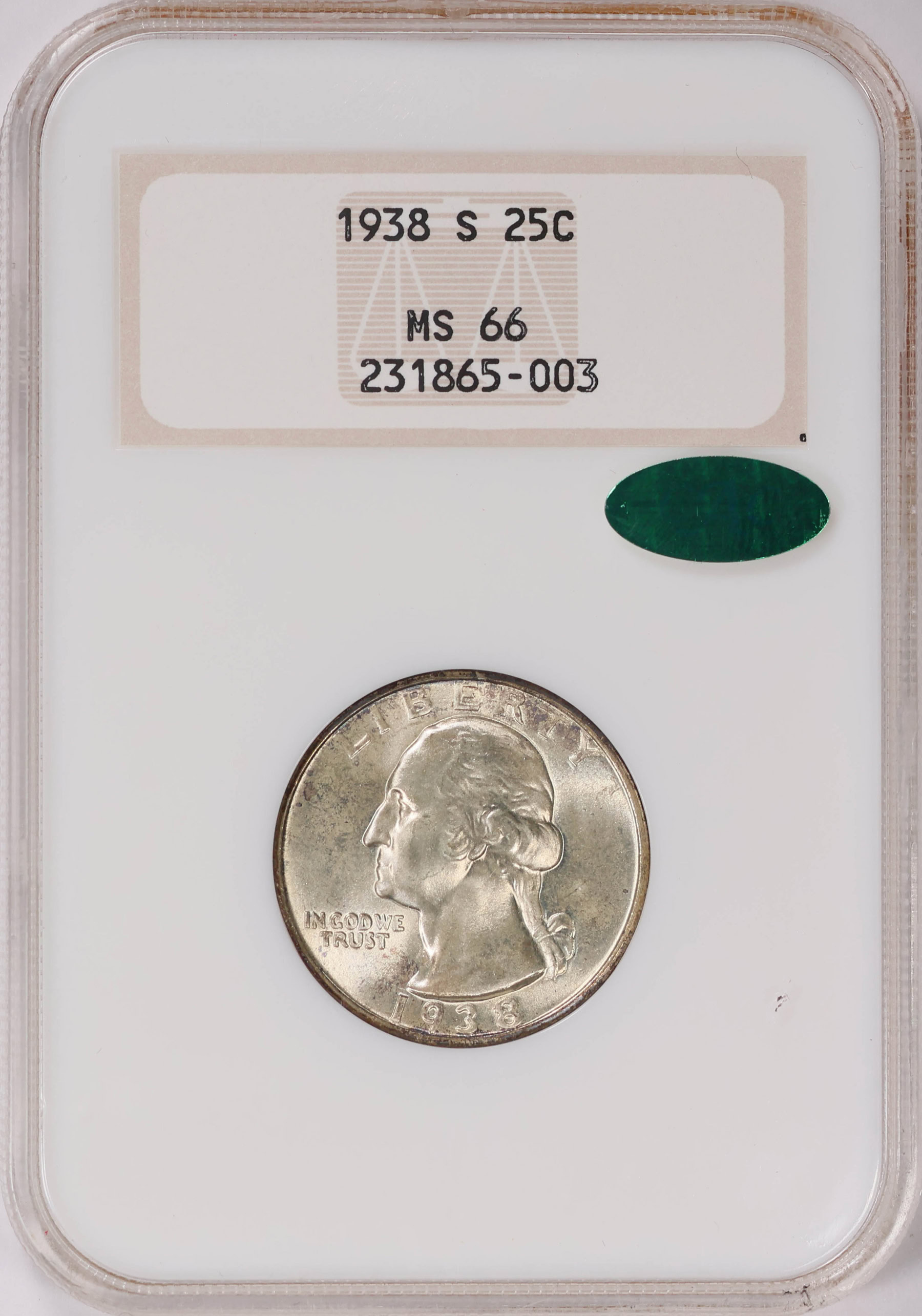 1938-S Washington Quarter NGC MS-66 OH (CAC Green) (Item 1026365) | GreatCollections Coin Auctions