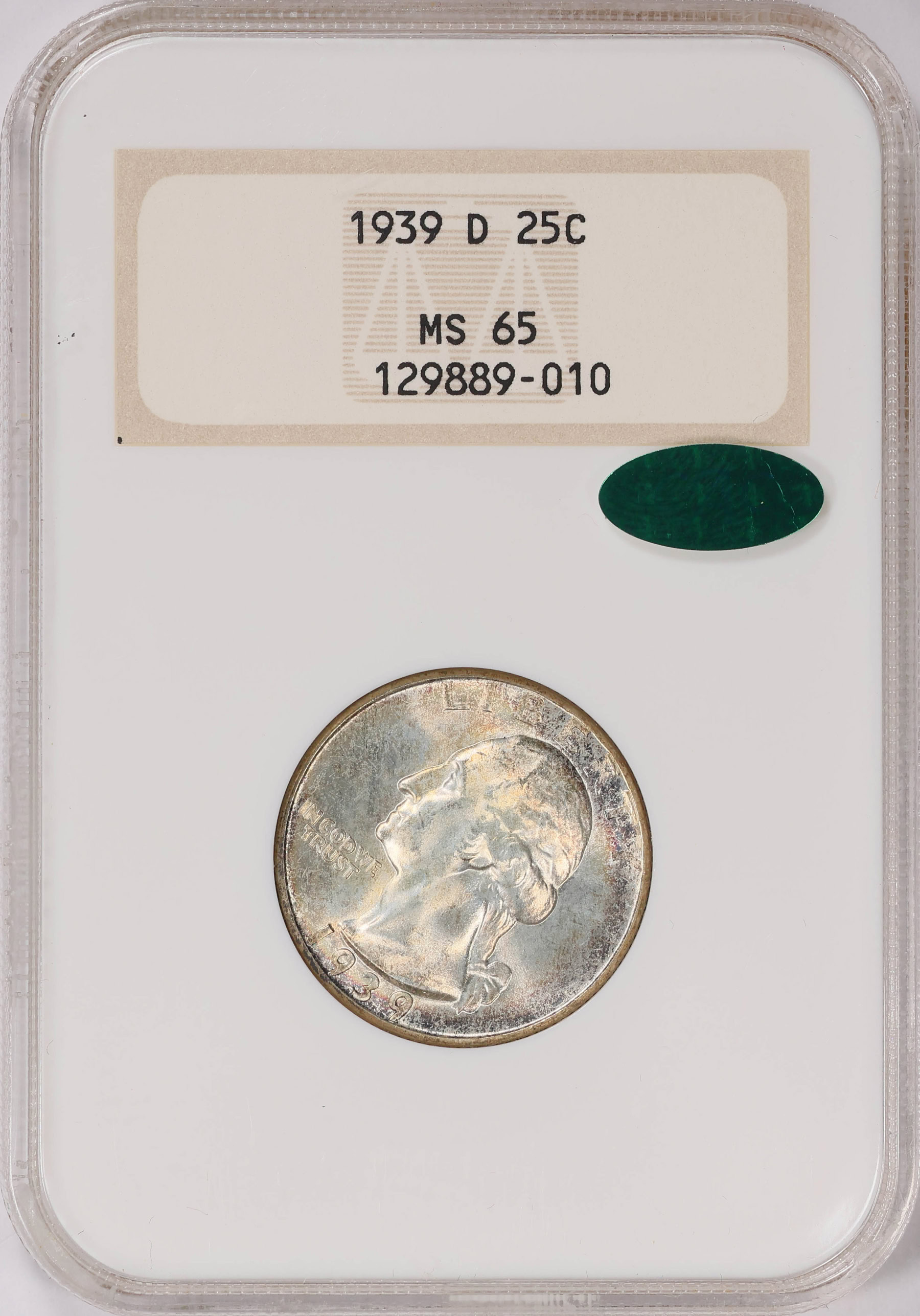 1939-D Washington Quarter NGC MS-65 OH (CAC Green) (Toned) (Item 1026373) | GreatCollections ...