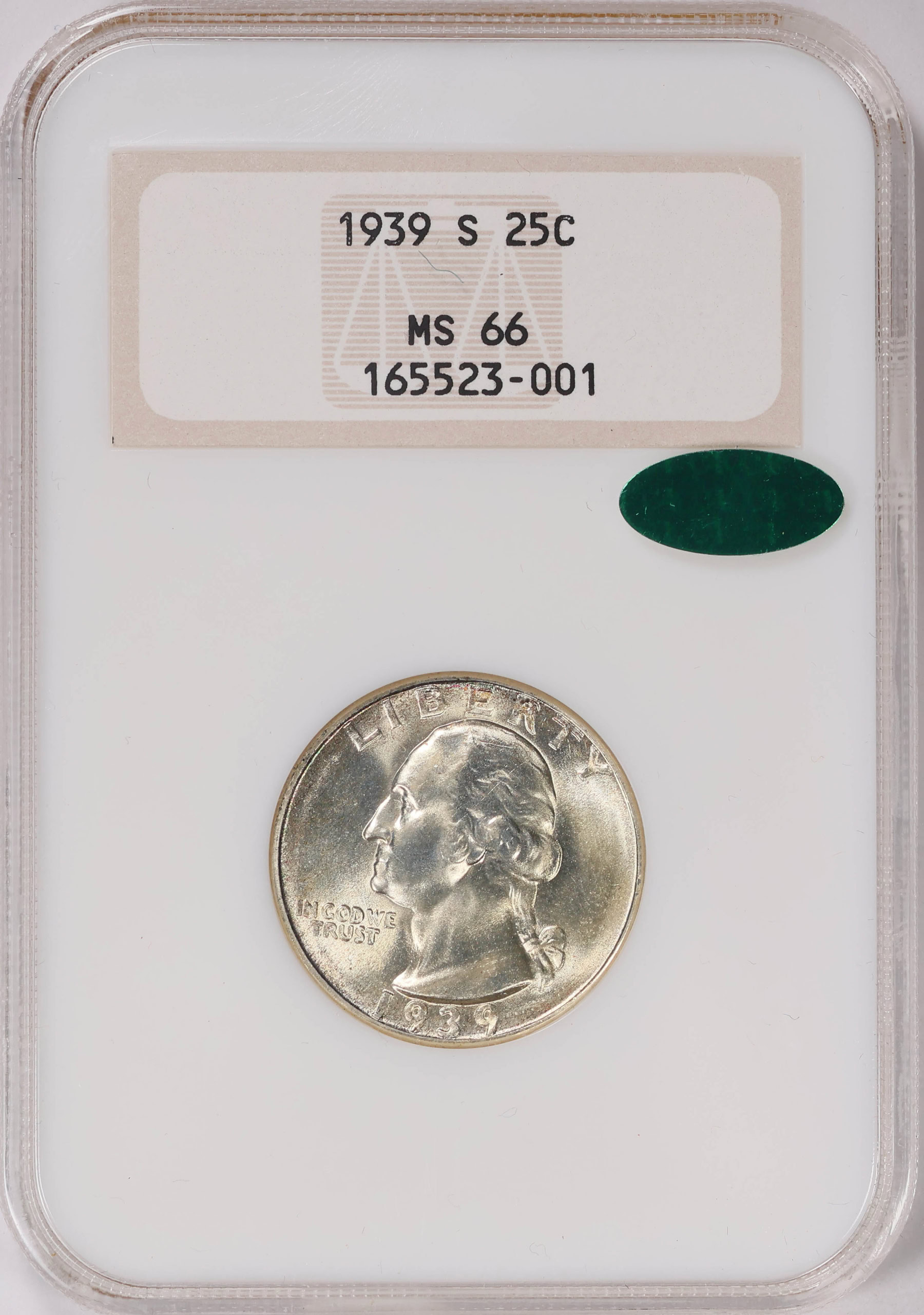 1939-S Washington Quarter NGC MS-66 OH (CAC Green) (Item 1026374) | GreatCollections Coin Auctions