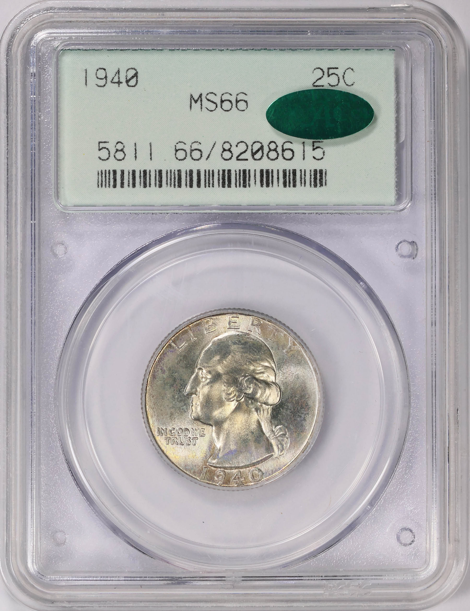 1940 Washington Quarter PCGS MS-66 OGH (2nd Gen) (CAC Green) (Item 1026375) | GreatCollections ...