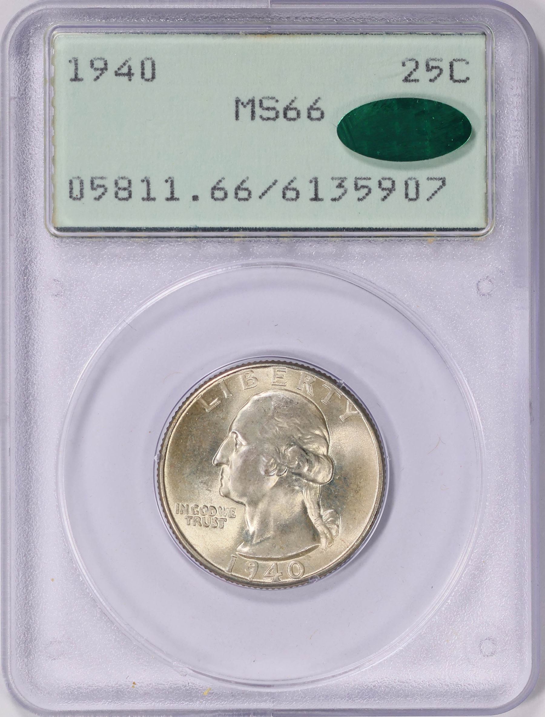 1940 Washington Quarter PCGS MS-66 OGH (1st Gen) (CAC Green) (Item 1026377) | GreatCollections ...