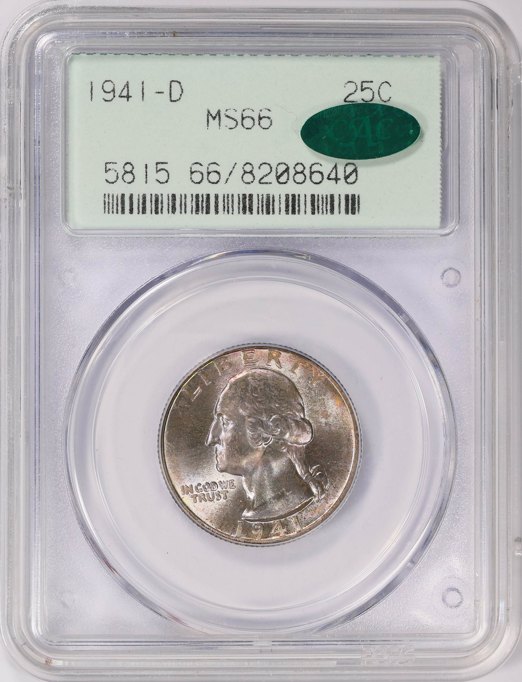 1941-D Washington Quarter PCGS MS-66 OGH (2nd Gen) (CAC Green) (Toned) (Item 1026382 ...