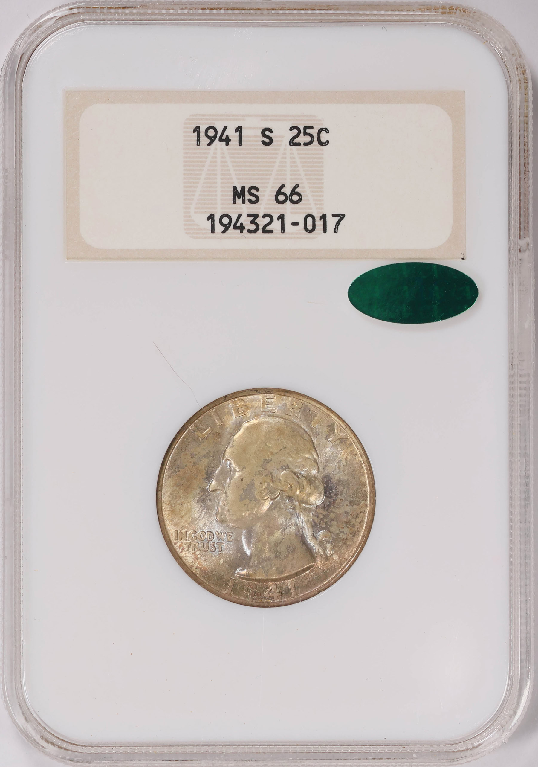 1941-S Washington Quarter NGC MS-66 OH (CAC Green) (Toned) (Item 1026387) | GreatCollections ...