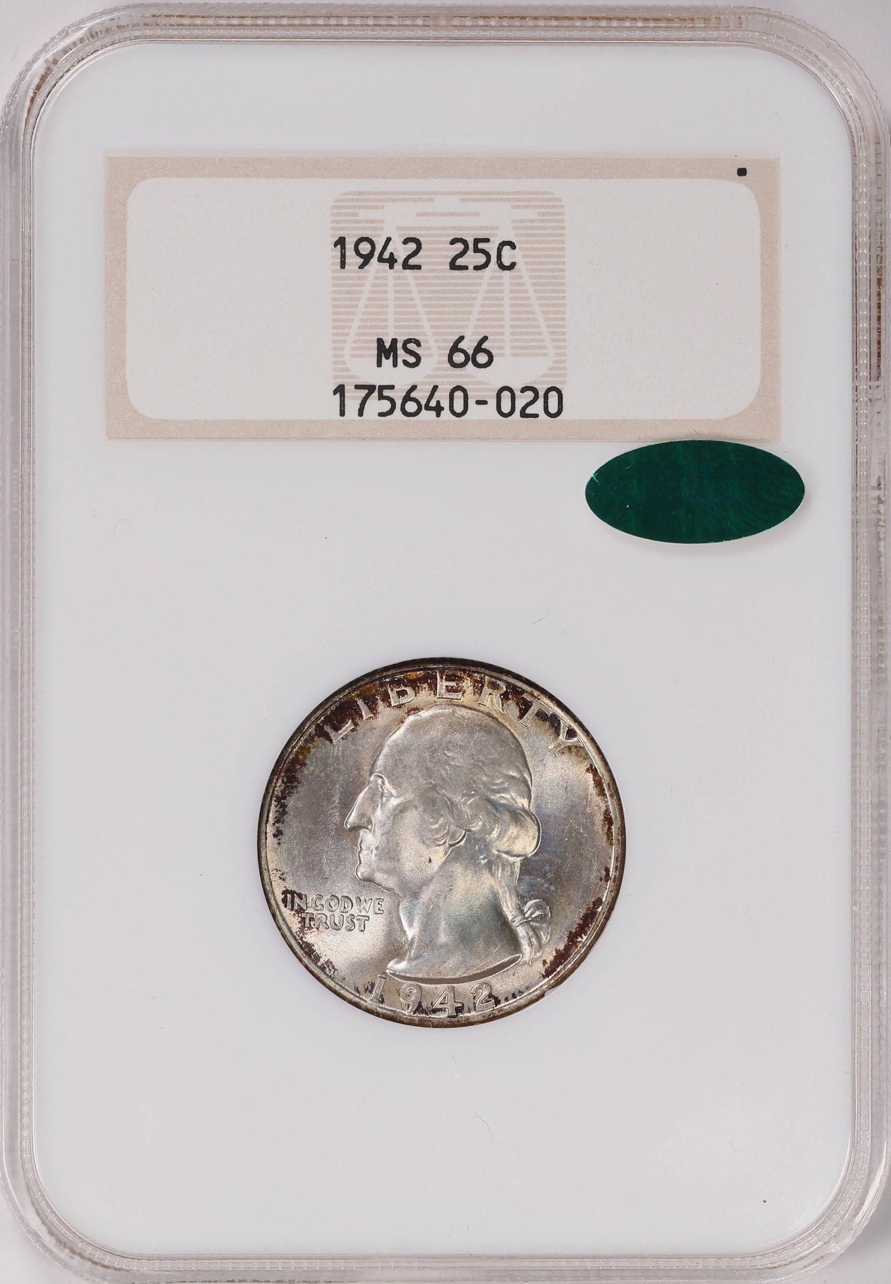 1942 Washington Quarter NGC MS-66 OH (CAC Green) (Toned) (Item 1026390) | GreatCollections Coin ...