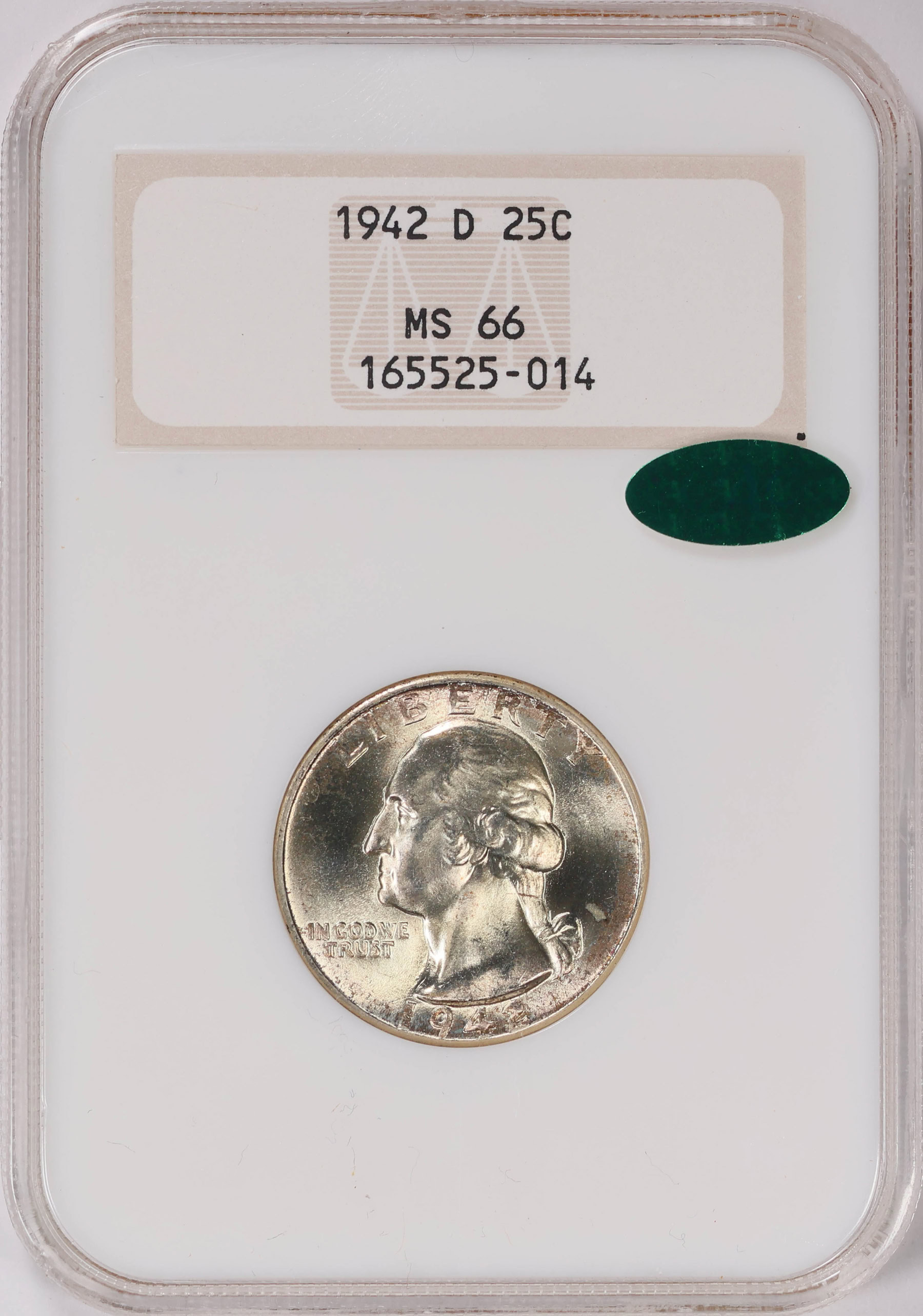 1942-D Washington Quarter NGC MS-66 OH (CAC Green) (Item 1026393) | GreatCollections Coin Auctions