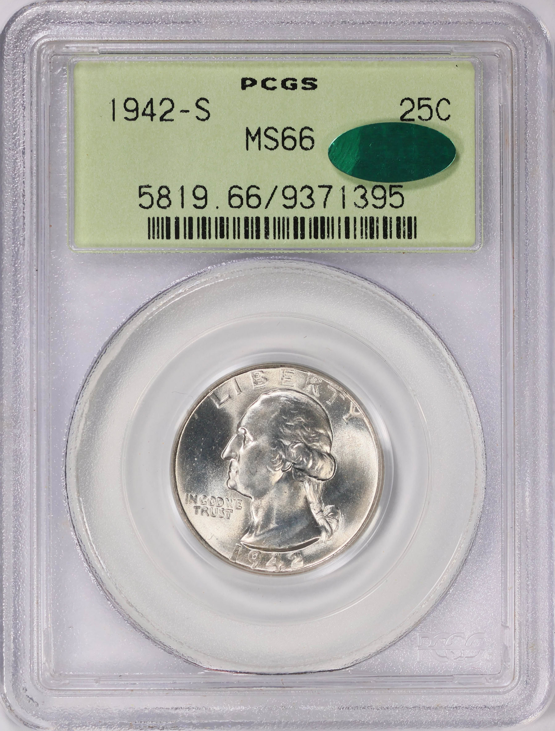1942-S Washington Quarter PCGS MS-66 OGH (CAC Green) (Item 1026394) | GreatCollections Coin Auctions
