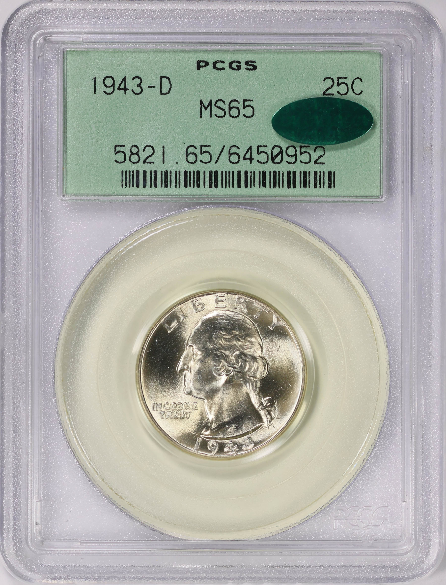 1943-D Washington Quarter PCGS MS-65 OGH (CAC Green) (Item 1026397) | GreatCollections Coin Auctions