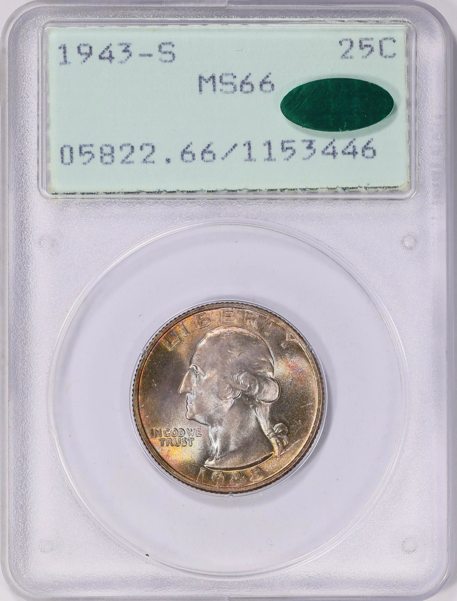 1943-S Washington Quarter PCGS MS-66 OGH (1st Gen) (CAC Green) (Toned) (Item 1026405 ...