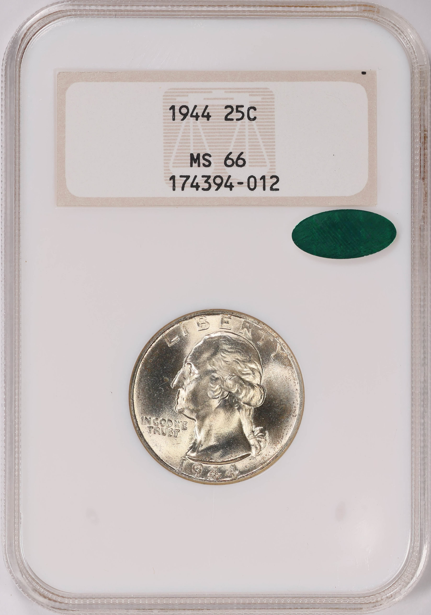 1944 Washington Quarter NGC MS-66 OH (CAC Green) (Item 1026435) | GreatCollections Coin Auctions