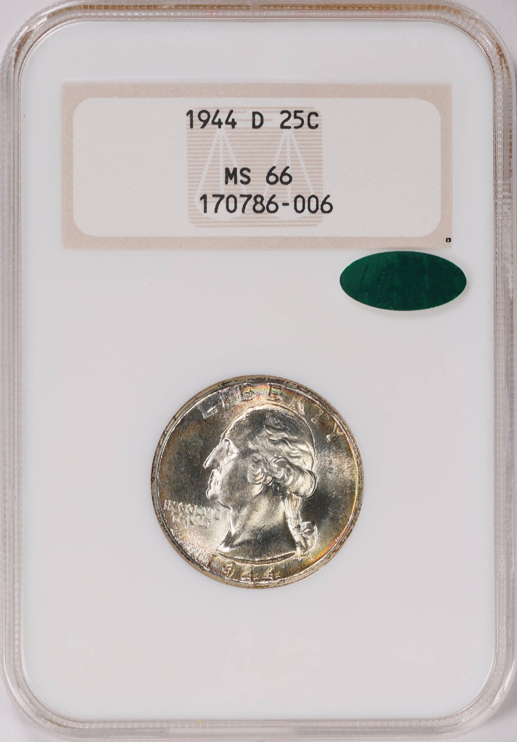 1944-D Washington Quarter NGC MS-66 OH (CAC Green) (Toned) (Item 1026440) | GreatCollections ...