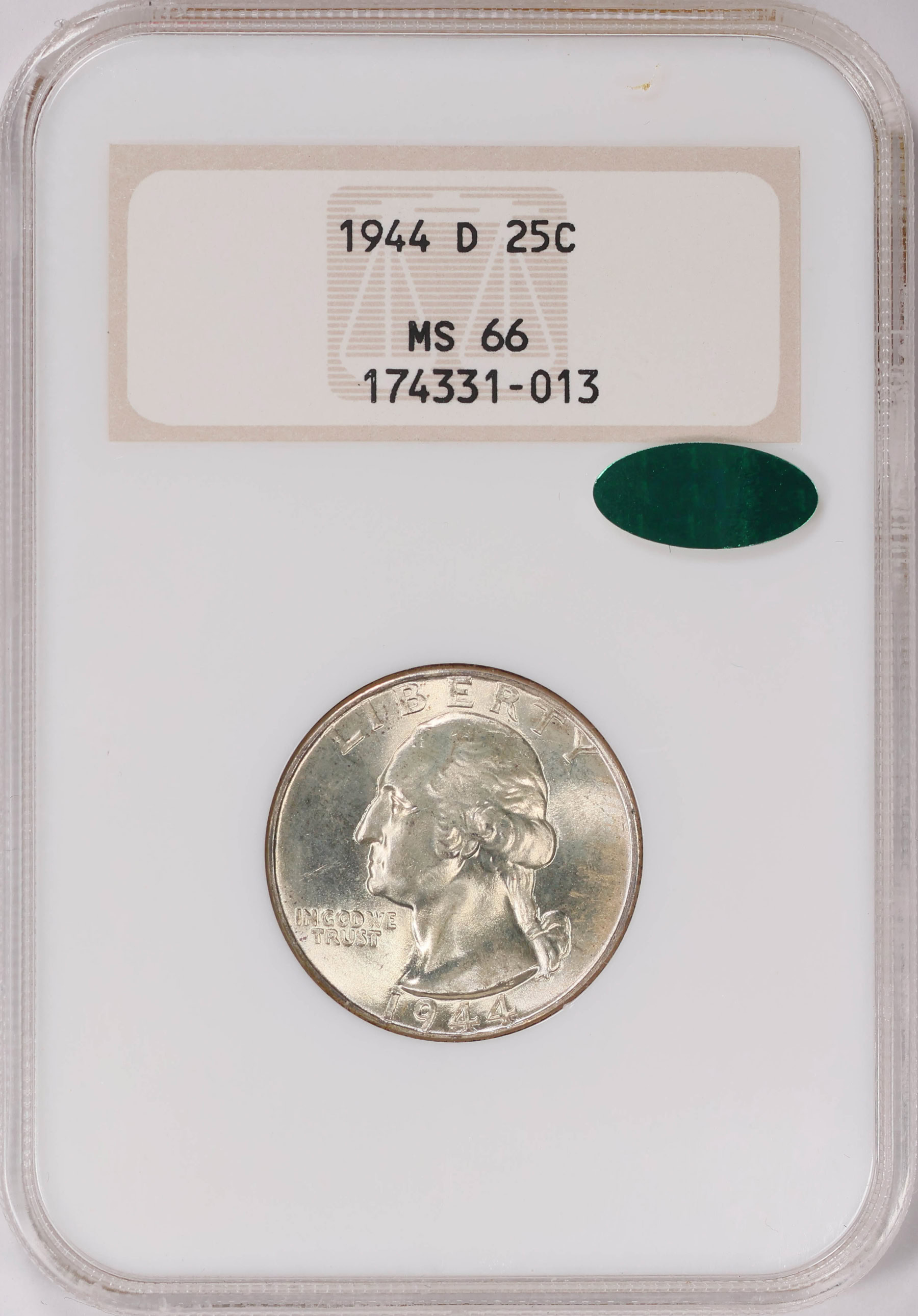 1944-D Washington Quarter NGC MS-66 OH (CAC Green) (Item 1026442) | GreatCollections Coin Auctions