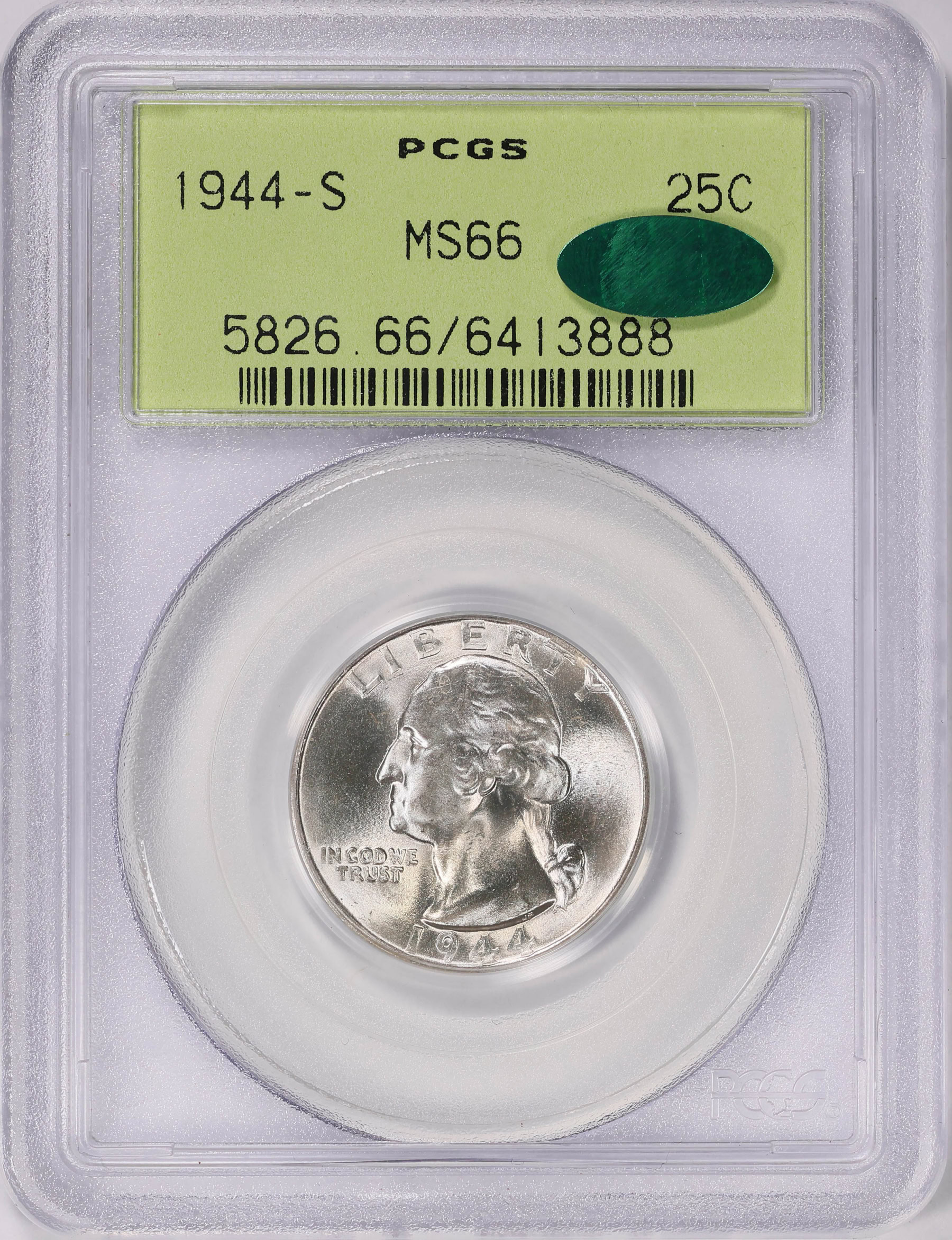 1944-S Washington Quarter PCGS MS-66 OGH (CAC Green) (Item 1026445) | GreatCollections Coin Auctions