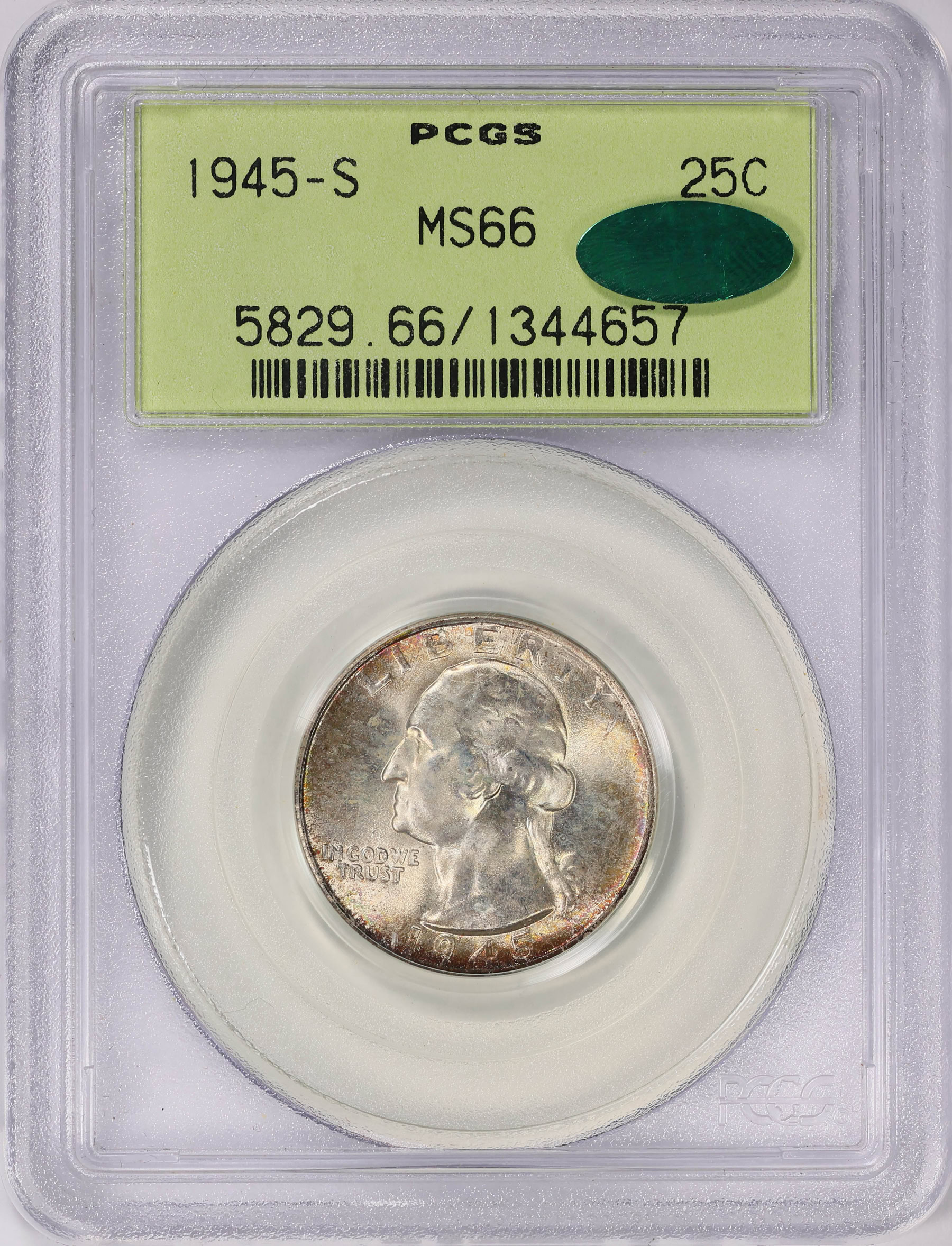 1945-S Washington Quarter PCGS MS-66 OGH (CAC Green) (Toned) (Item 1026449) | GreatCollections ...
