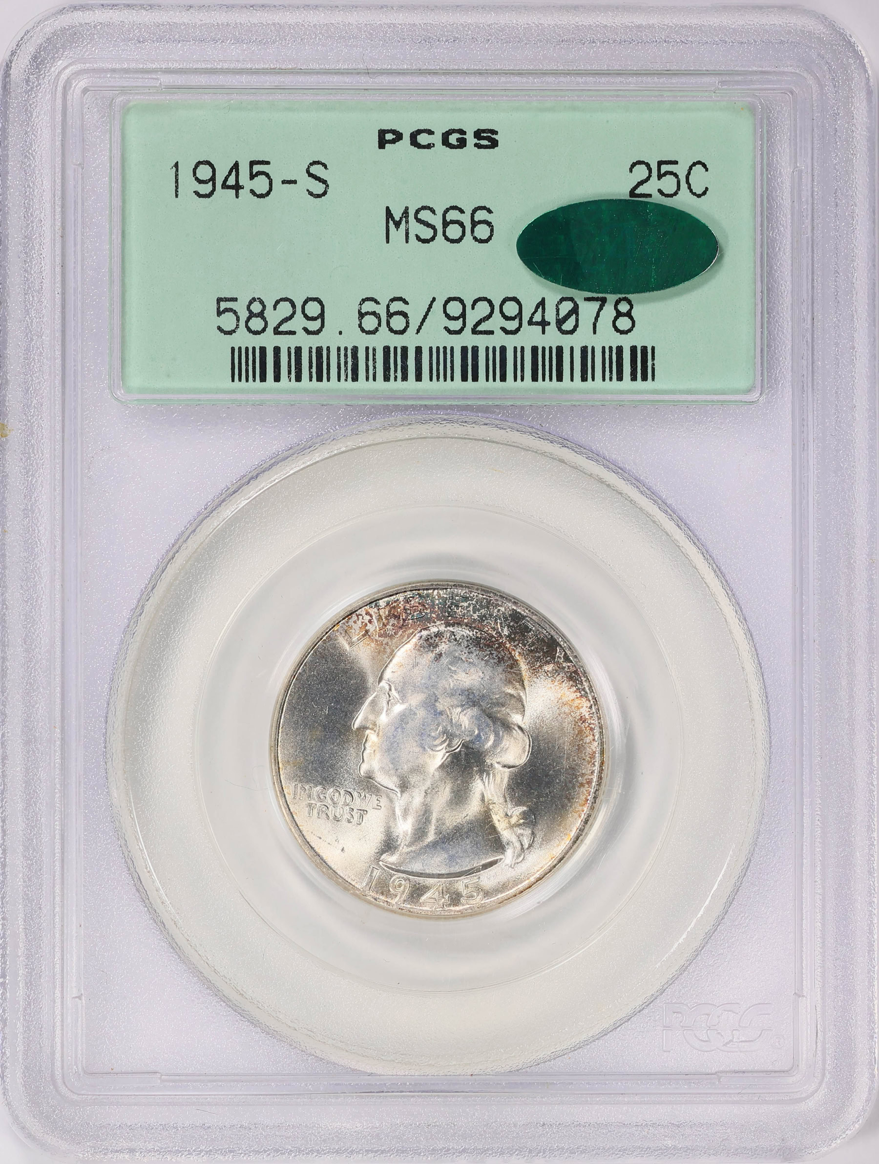 1945-S Washington Quarter PCGS MS-66 OGH (CAC Green) (Toned) (Item 1026451) | GreatCollections ...