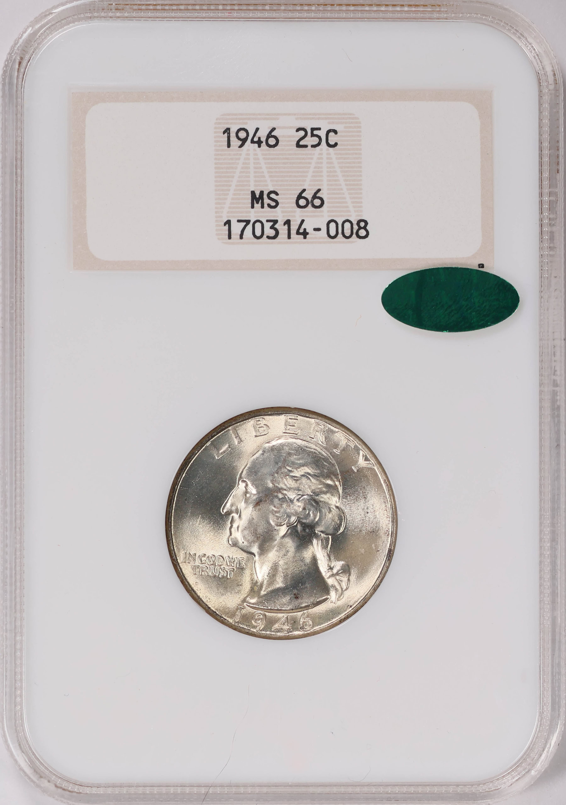 1946 Washington Quarter NGC MS-66 OH (CAC Green) (Item 1026469) | GreatCollections Coin Auctions