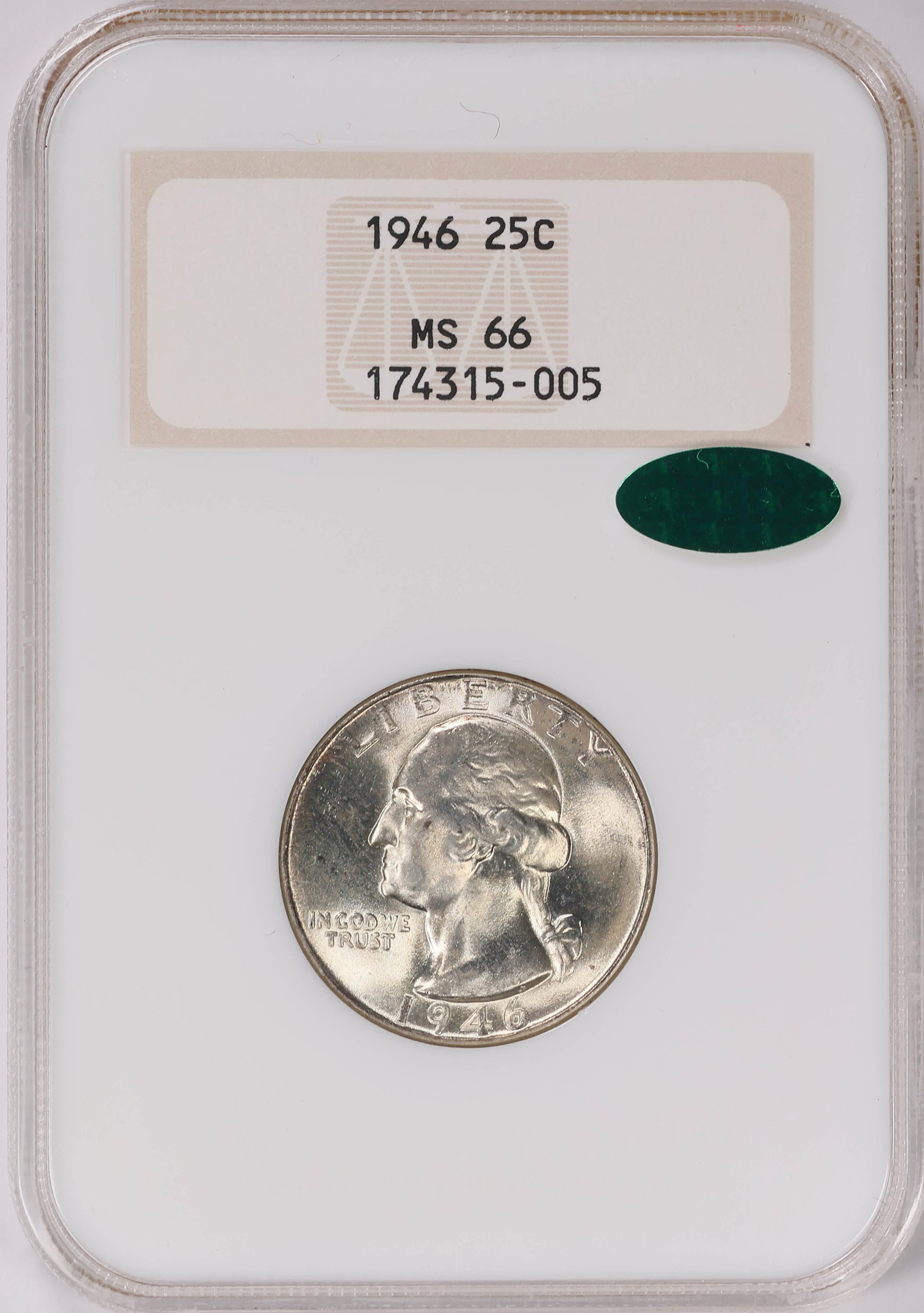1946 Washington Quarter NGC MS-66 OH (CAC Green) (Item 1026471) | GreatCollections Coin Auctions