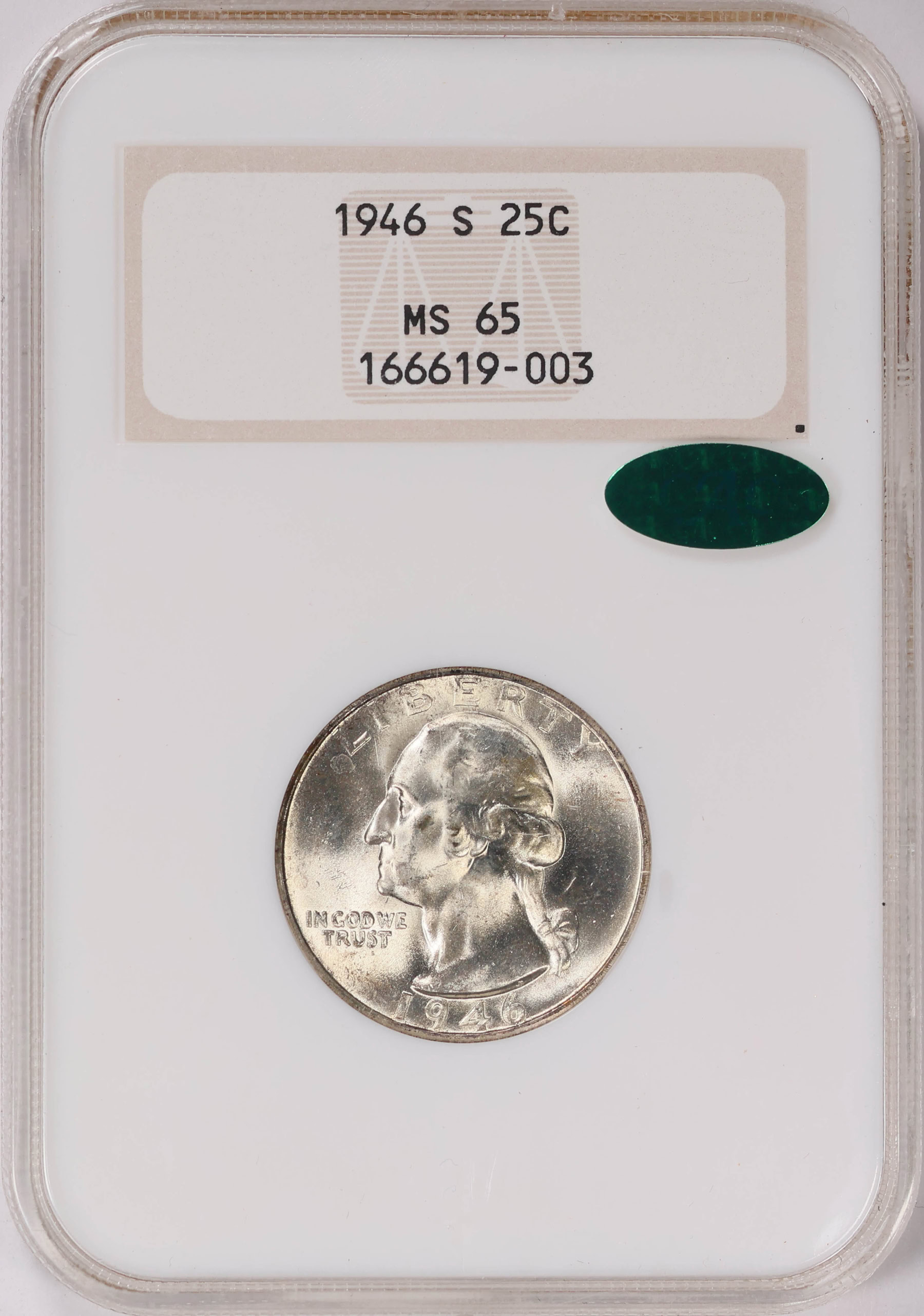 1946-S Washington Quarter NGC MS-66 OH (CAC Green) (Item 1026498) | GreatCollections Coin Auctions
