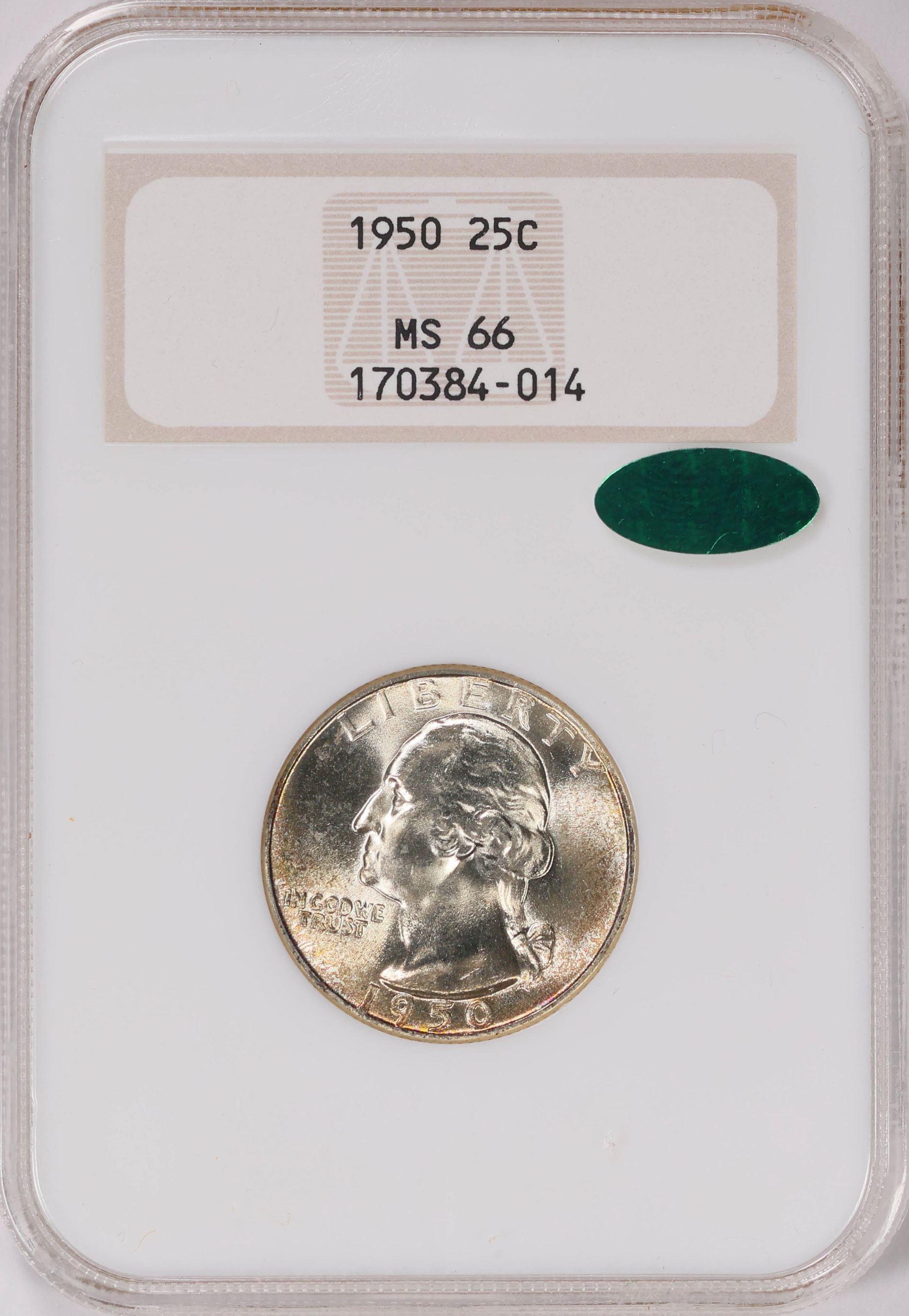 1950 Washington Quarter NGC MS-66 OH (CAC Green) (Toned) (Item 1026523) | GreatCollections Coin ...