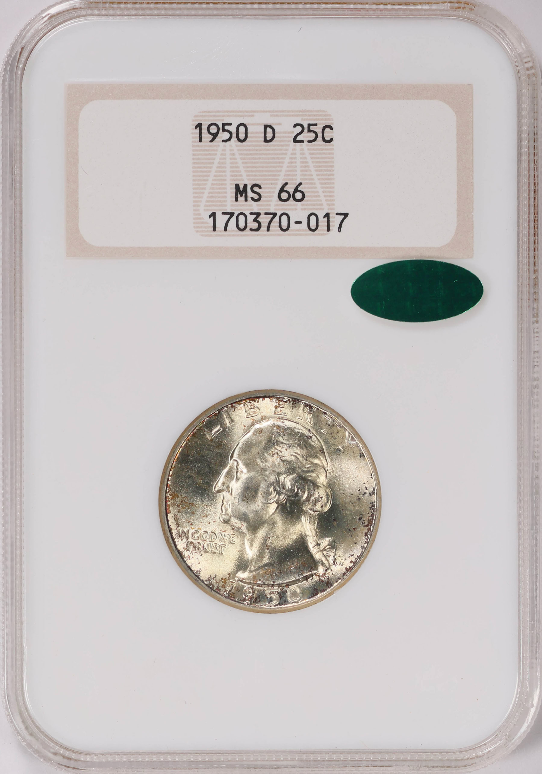1950-D Washington Quarter NGC MS-66 OH (CAC Green) (Item 1026526) | GreatCollections Coin Auctions
