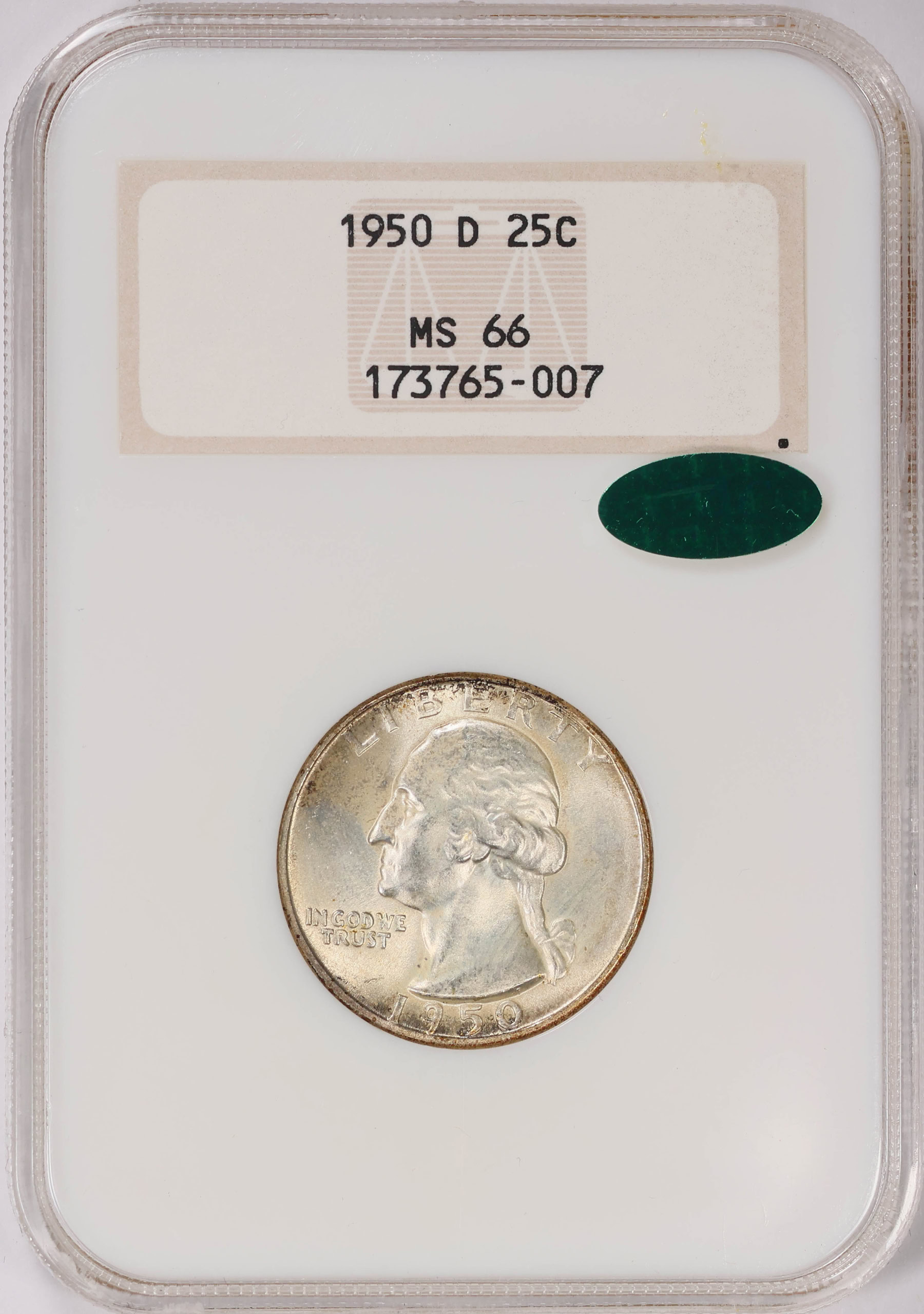 1950-D Washington Quarter NGC MS-66 OH (CAC Green) (Item 1026528) | GreatCollections Coin Auctions