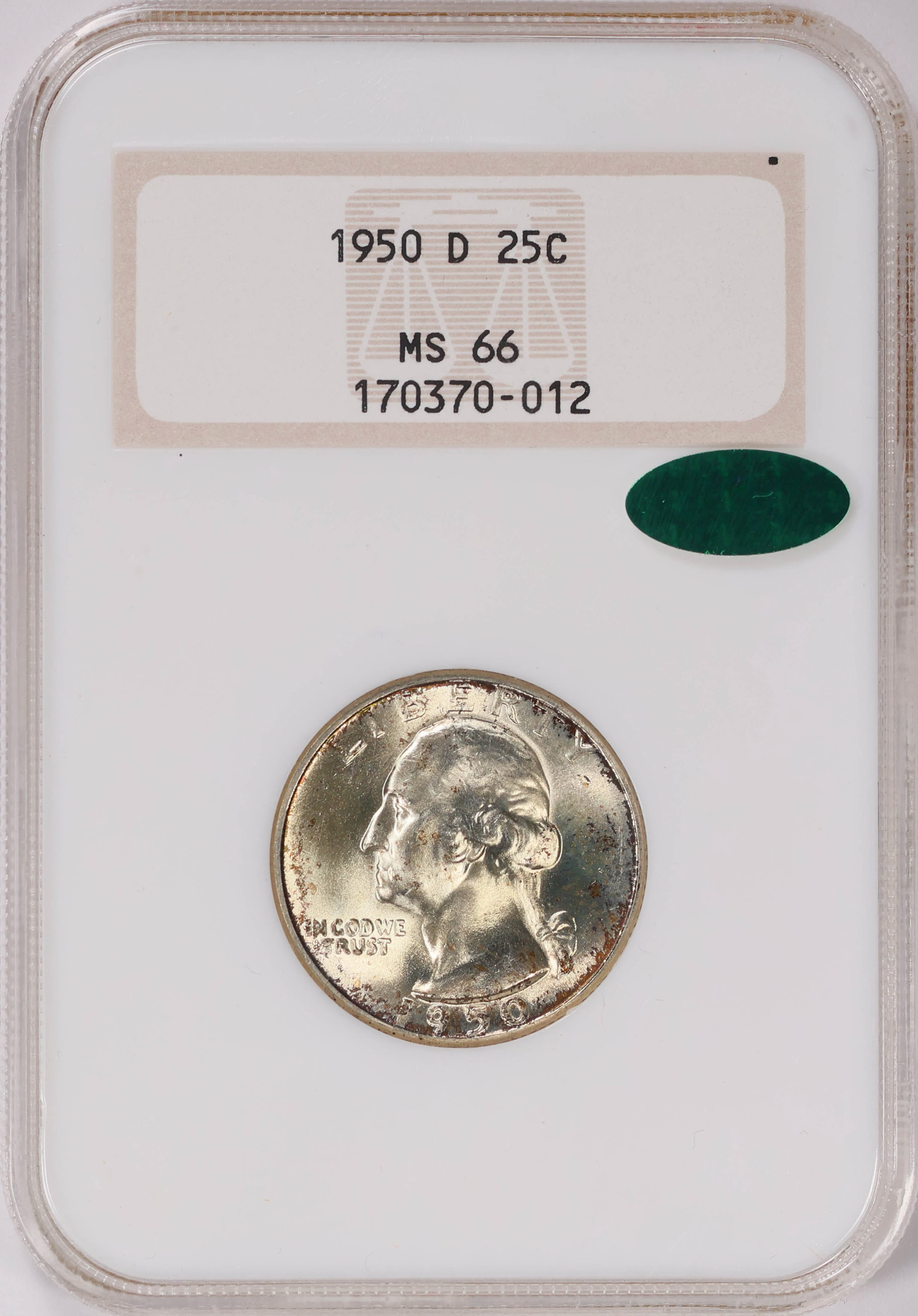 1950-D Washington Quarter NGC MS-66 OH (CAC Green) (Item 1026530) | GreatCollections Coin Auctions