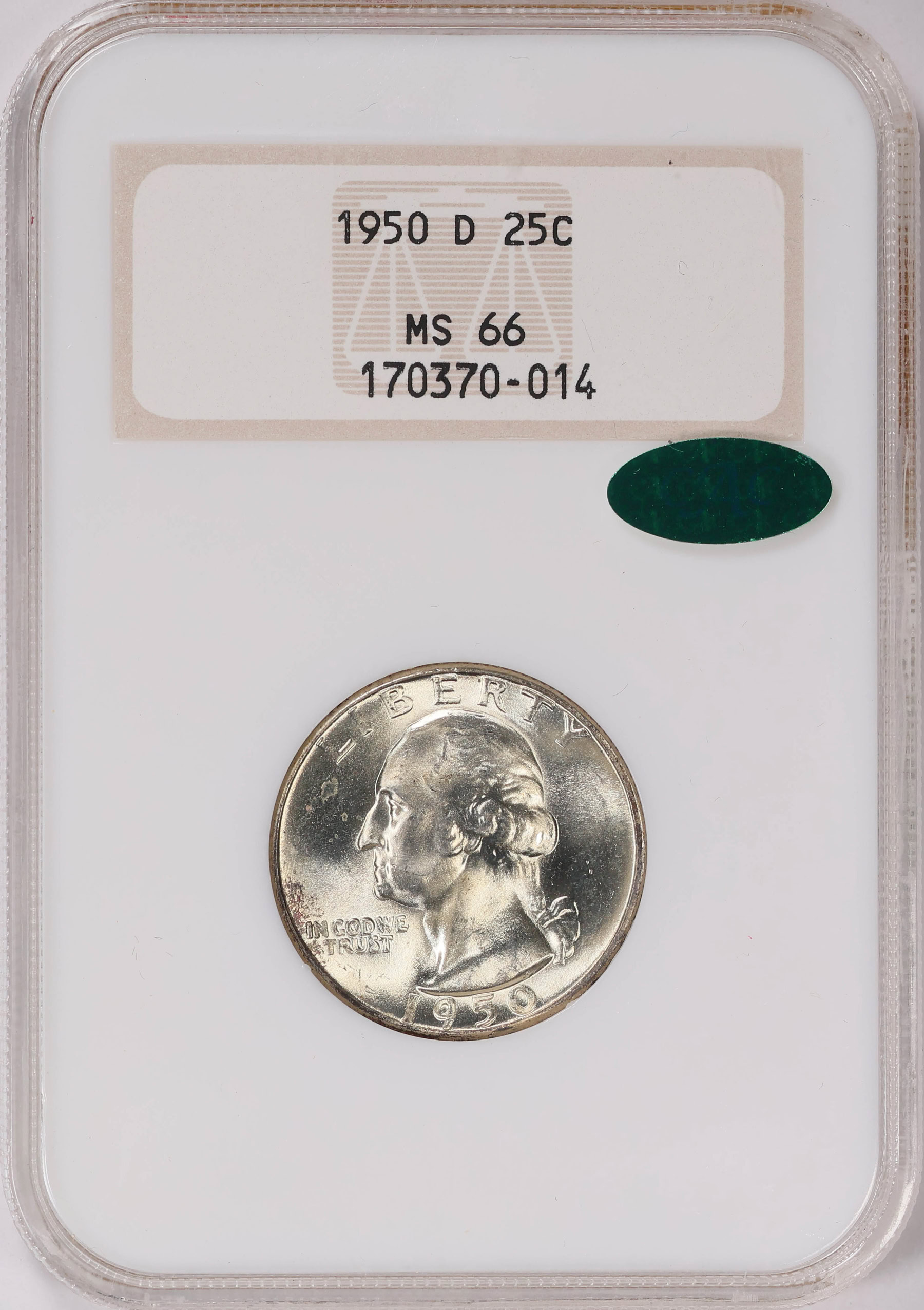 1950-D Washington Quarter NGC MS-66 OH (CAC Green) (Item 1026532 ...