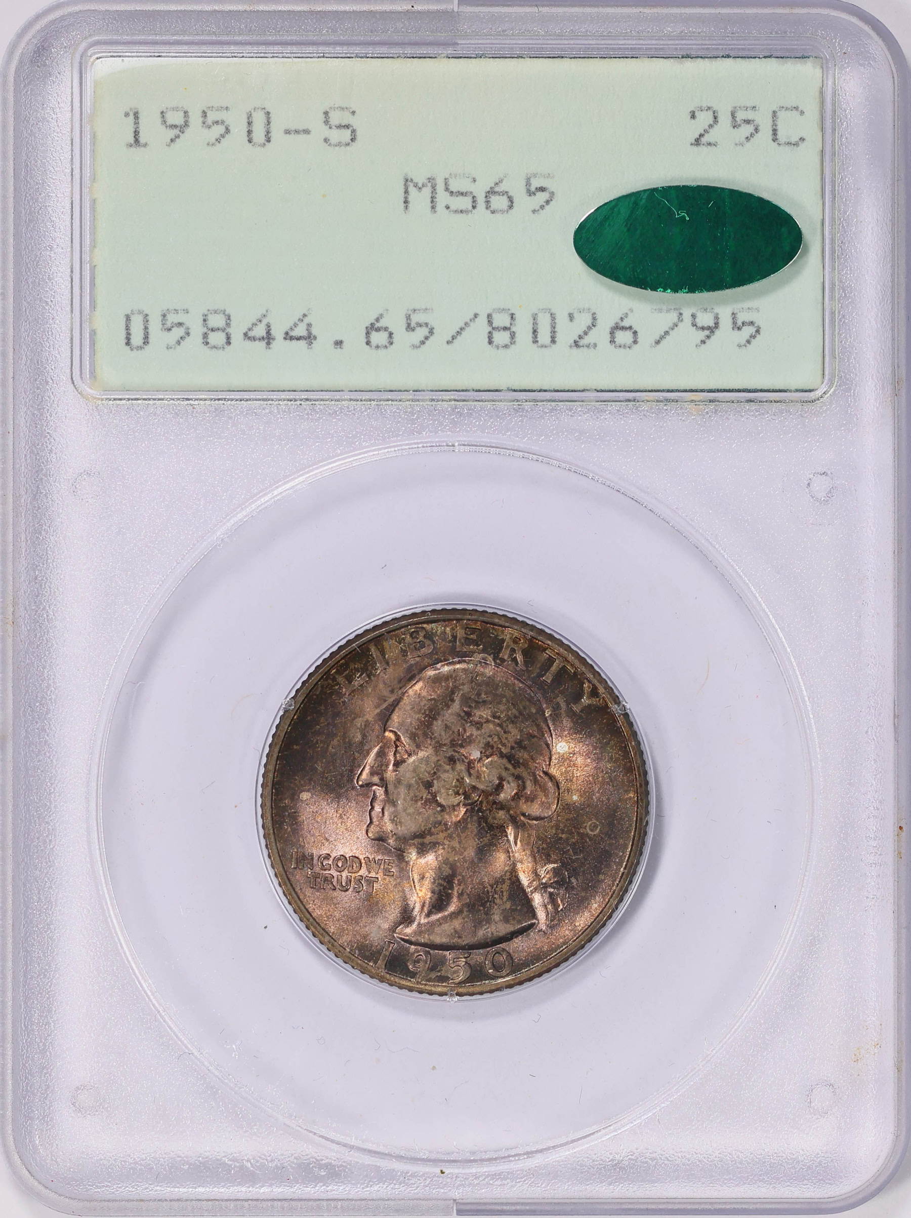 1950-S Washington Quarter PCGS MS-65 (CAC Green) OGH (1st Gen) (Toned) (Item 1026533 ...