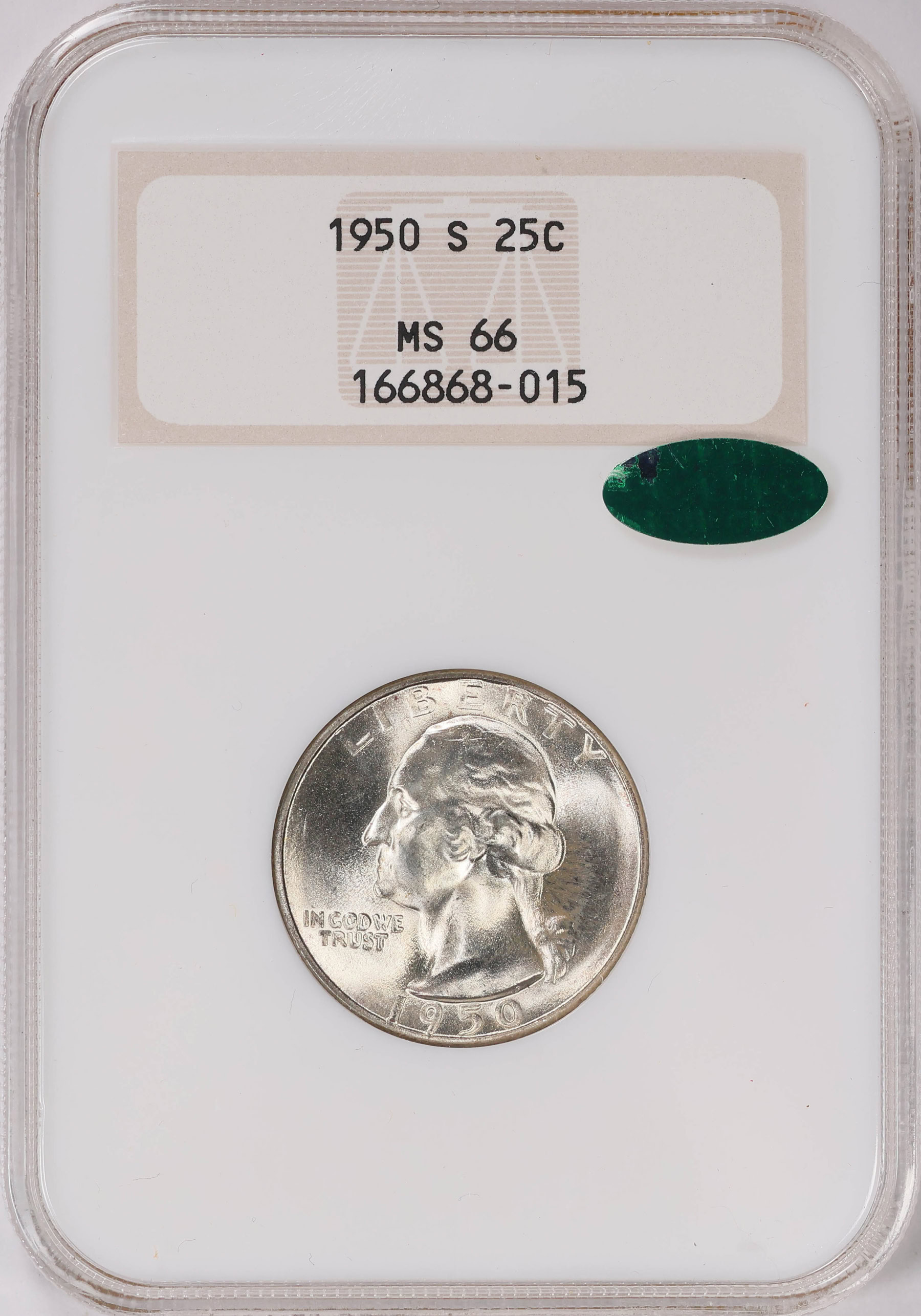 1950-S Washington Quarter NGC MS-66 OH (CAC Green) (Item 1026536 ...