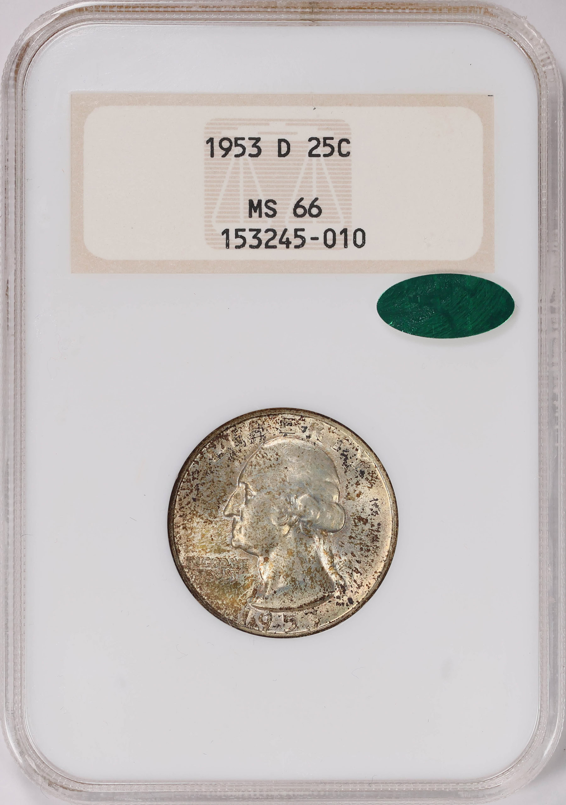 1953-D Washington Quarter NGC MS-66 OH (CAC Green) (Toned) (Item 1026554) | GreatCollections ...
