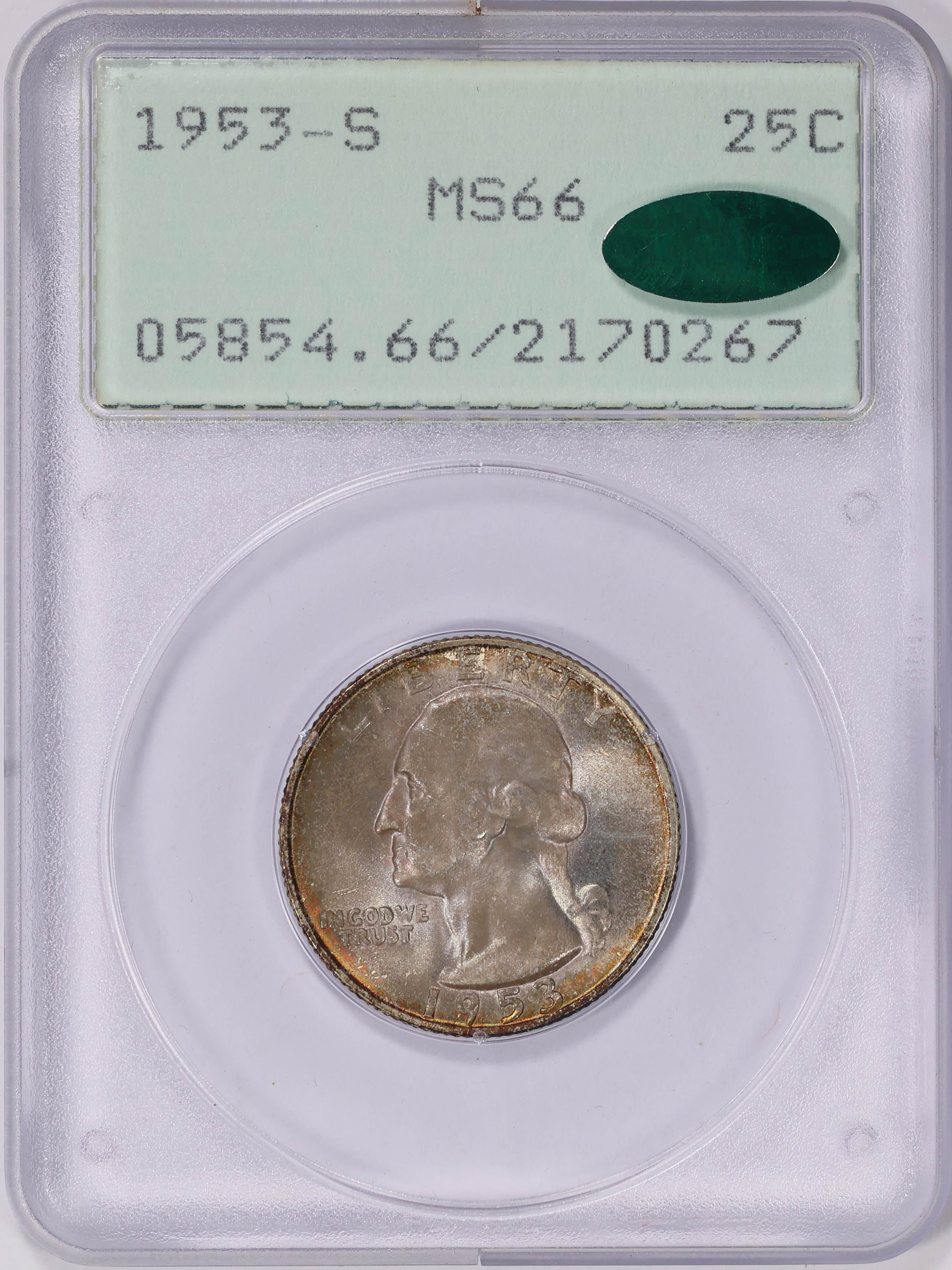 1953-S Washington Quarter PCGS MS-66 OGH (1st Gen) (CAC Green) (Toned) (Item 1026556 ...