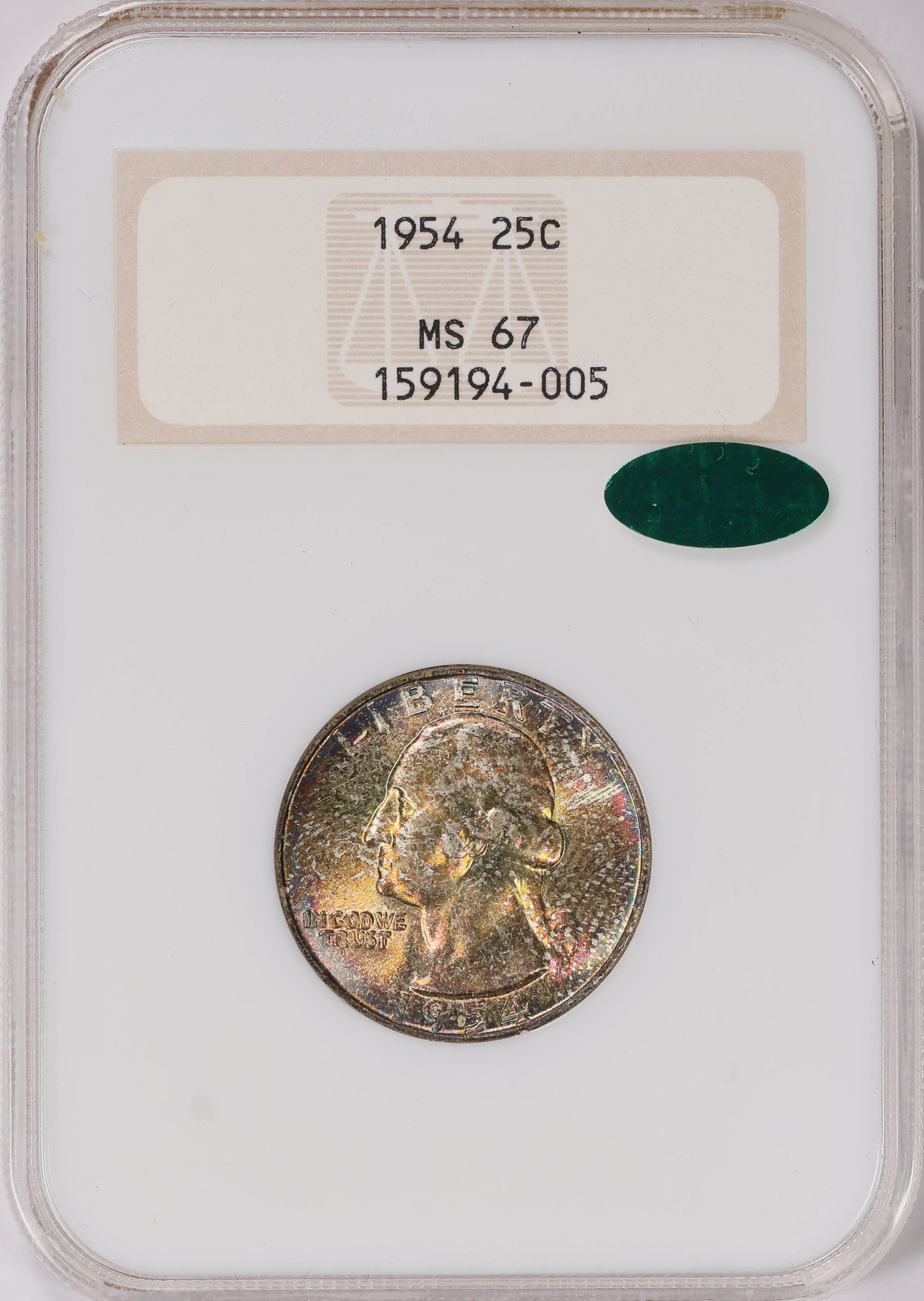 1954 Washington Quarter NGC MS-67 OH (CAC Green) (Toned) (Item 1026558) | GreatCollections Coin ...