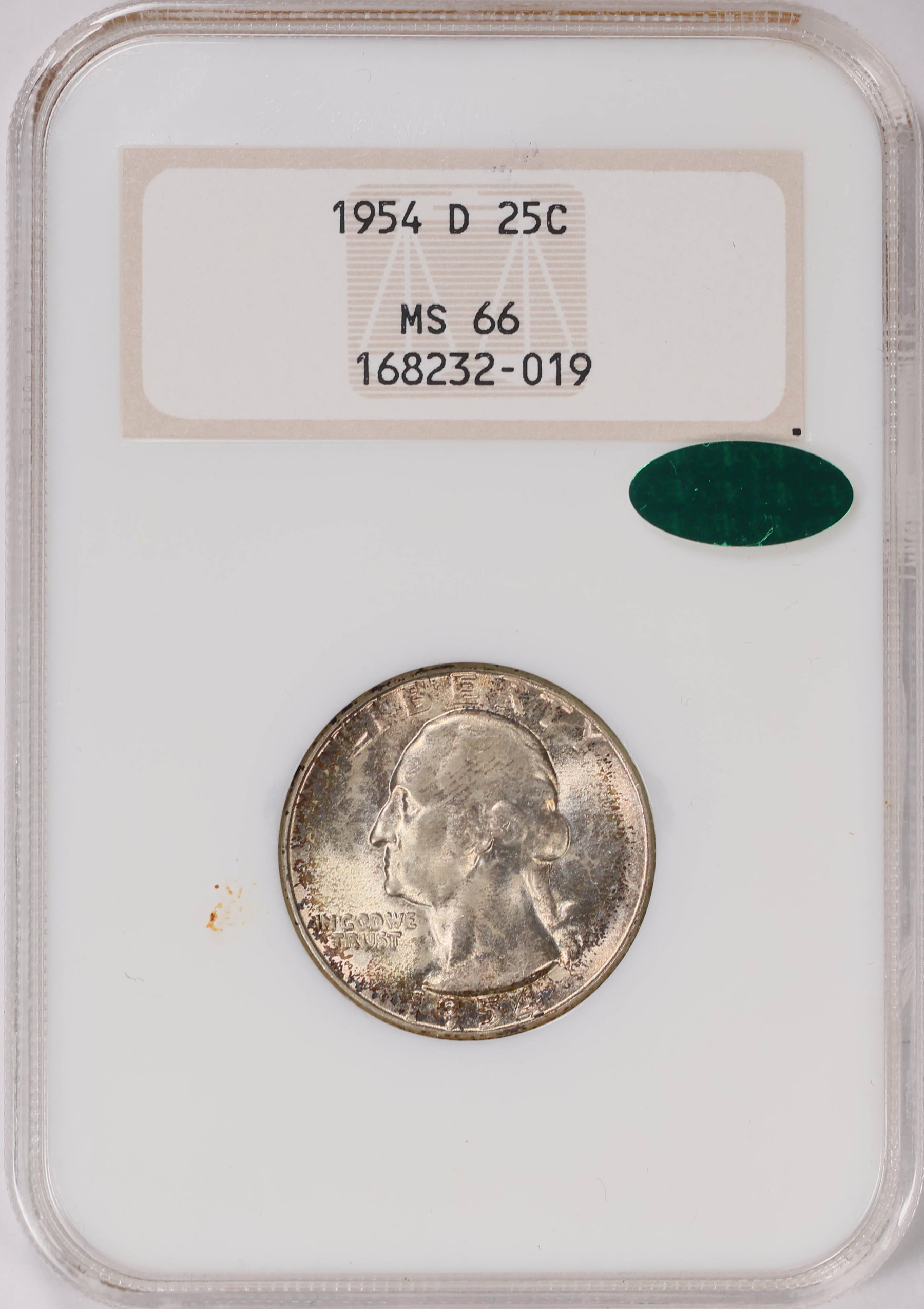 1954-D Washington Quarter NGC MS-66 OH (CAC Green) (Toned) (Item 1026560) | GreatCollections ...
