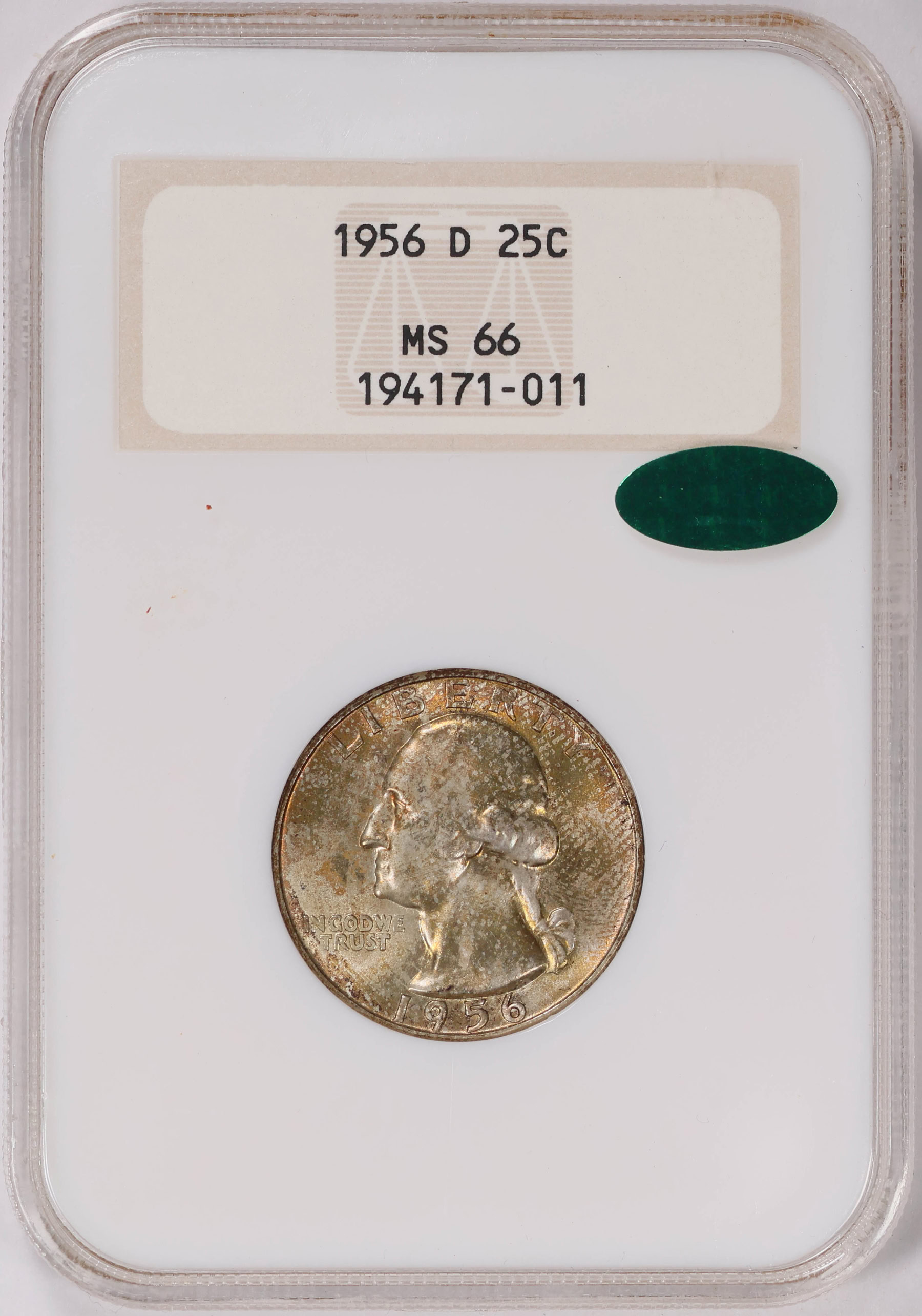 1956-D Washington Quarter NGC MS-66 OH (CAC Green) (Toned) (Item 1026601) | GreatCollections ...