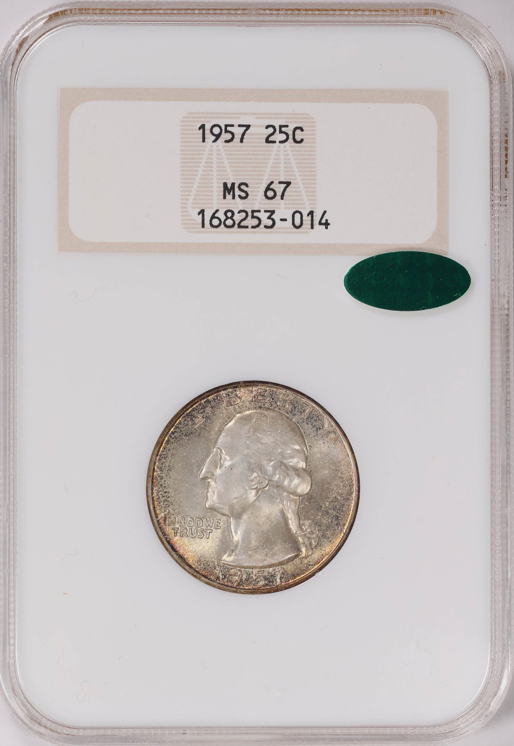 1957 Washington Quarter NGC MS-67 OH (CAC Green) (Toned) (Item 1026603) | GreatCollections Coin ...