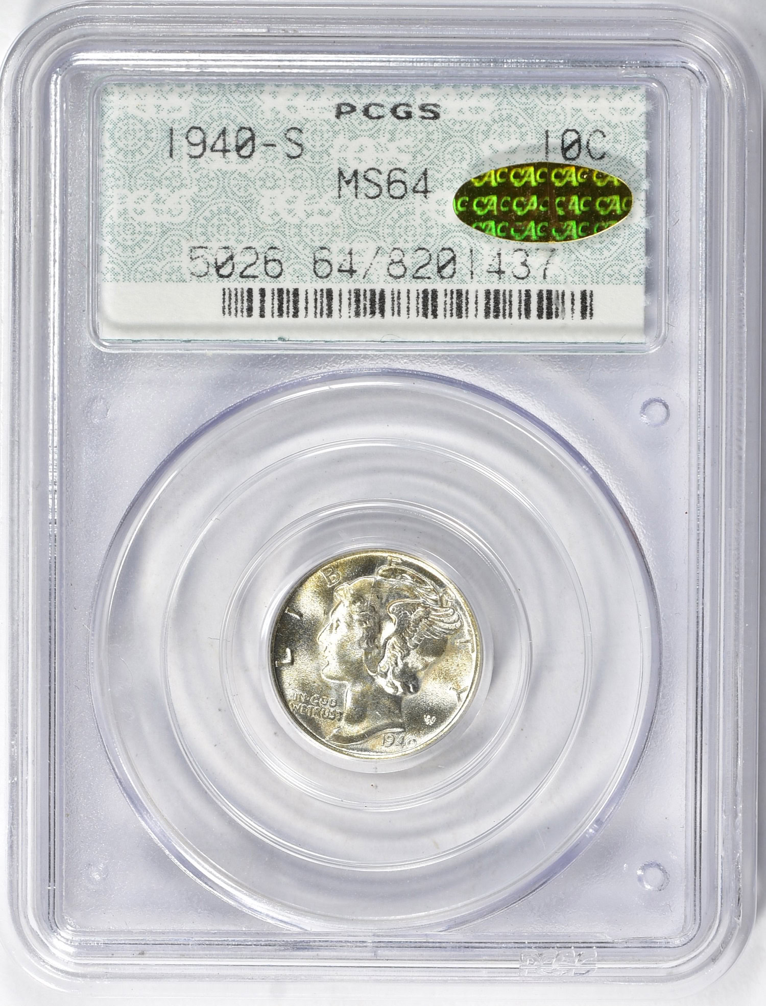 1940-S Mercury Dime PCGS MS-64 (CAC Gold) OGH (Doily) (Item 1028276) | GreatCollections Coin ...