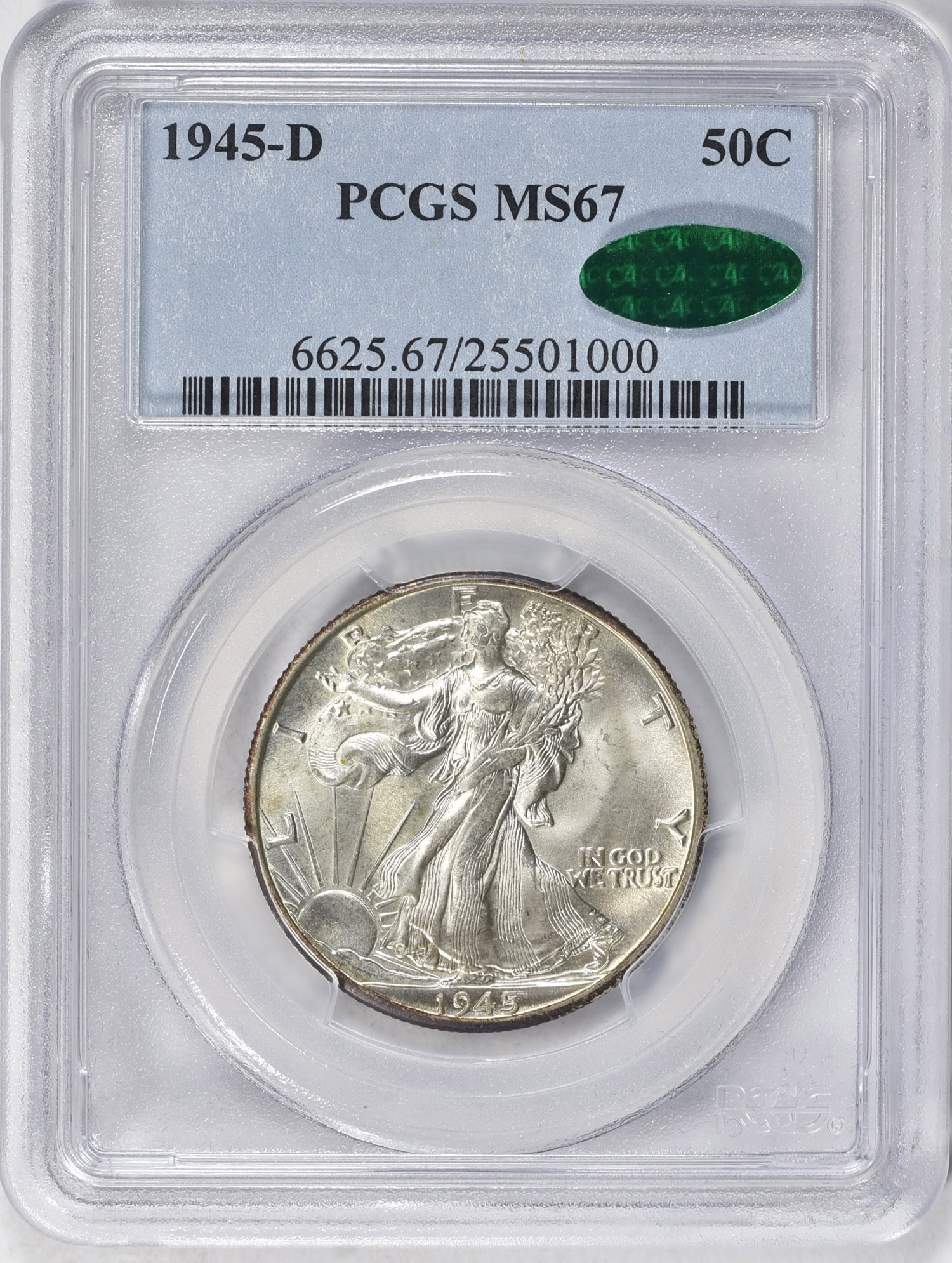 1945-D Walking Liberty Half Dollar PCGS MS-67 (CAC Green) (Toned) (Item 1028374 ...