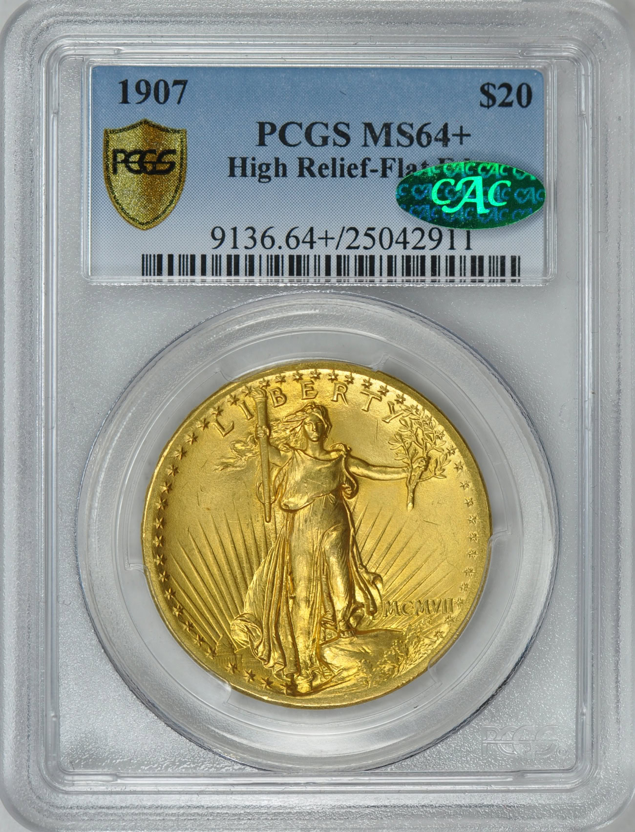1907 Saint-Gaudens Gold Double Eagle MCMVII. High Relief, Flat Edge PCGS MS-64+ (CAC Green ...